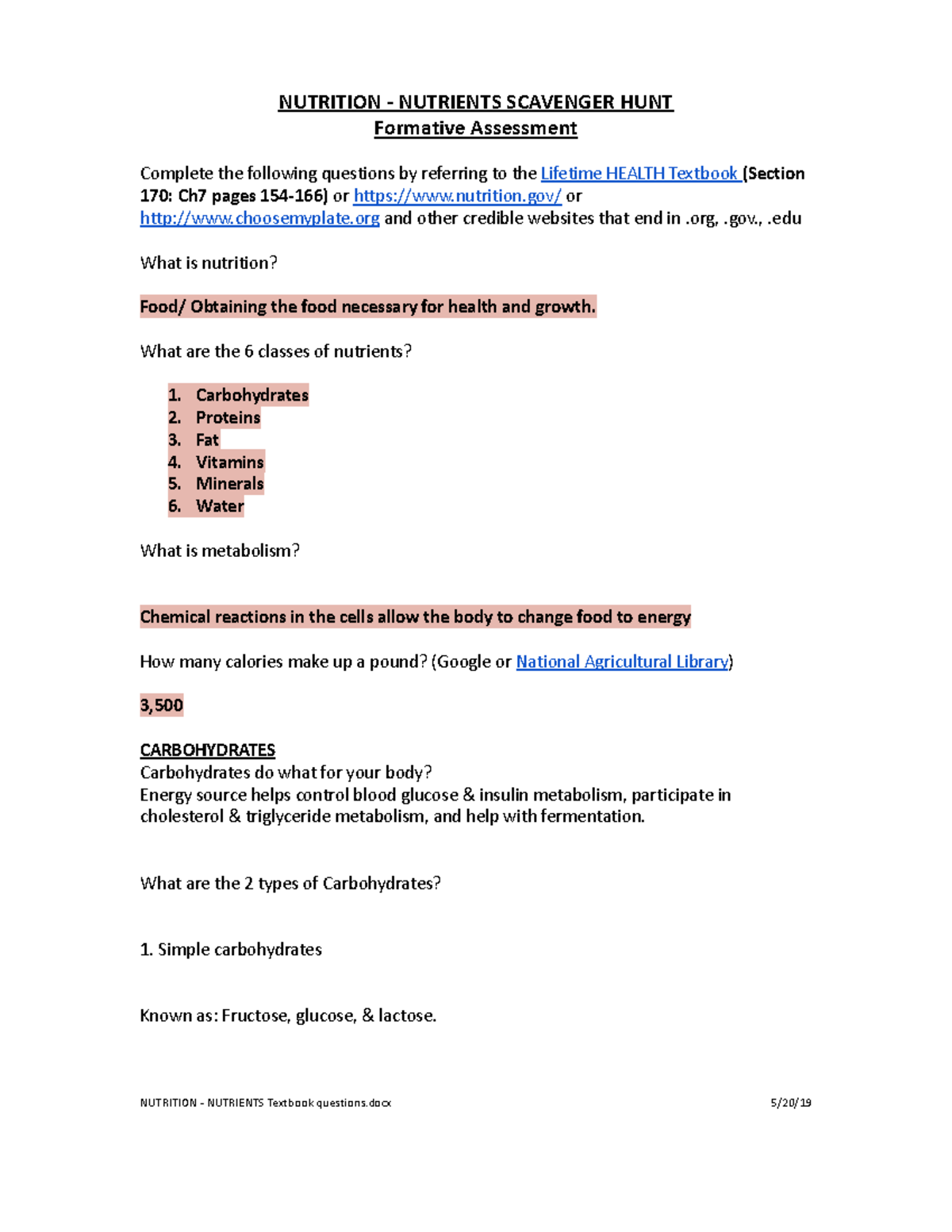 Nutrition: Nutrients Scavenger Hunt - Formative Assessment - NUTRITION ...