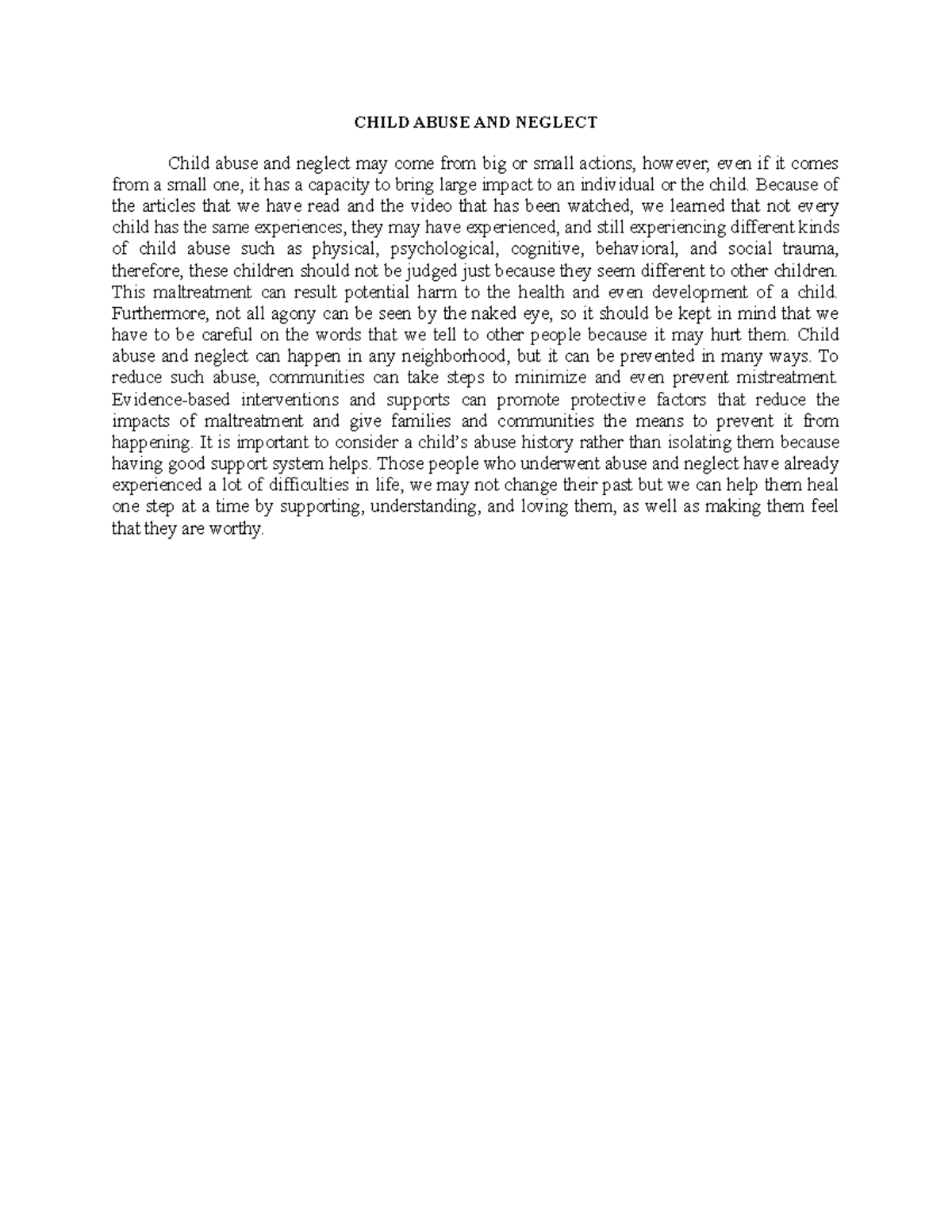 Child Abuse - Lecture notes 1 - CHILD ABUSE AND NEGLECT Child abuse and ...