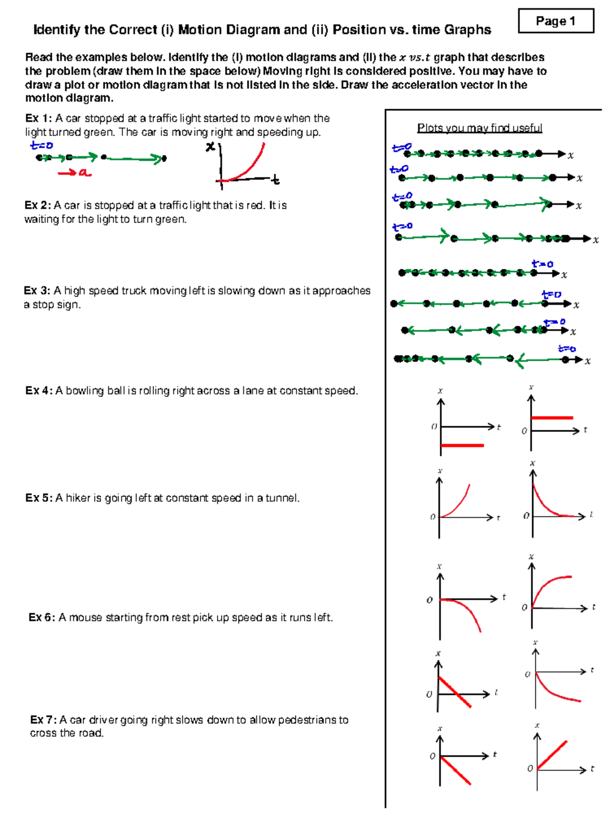 1D x v t Motion Skill Sp20 - Read the examples below. Identify the (i ...