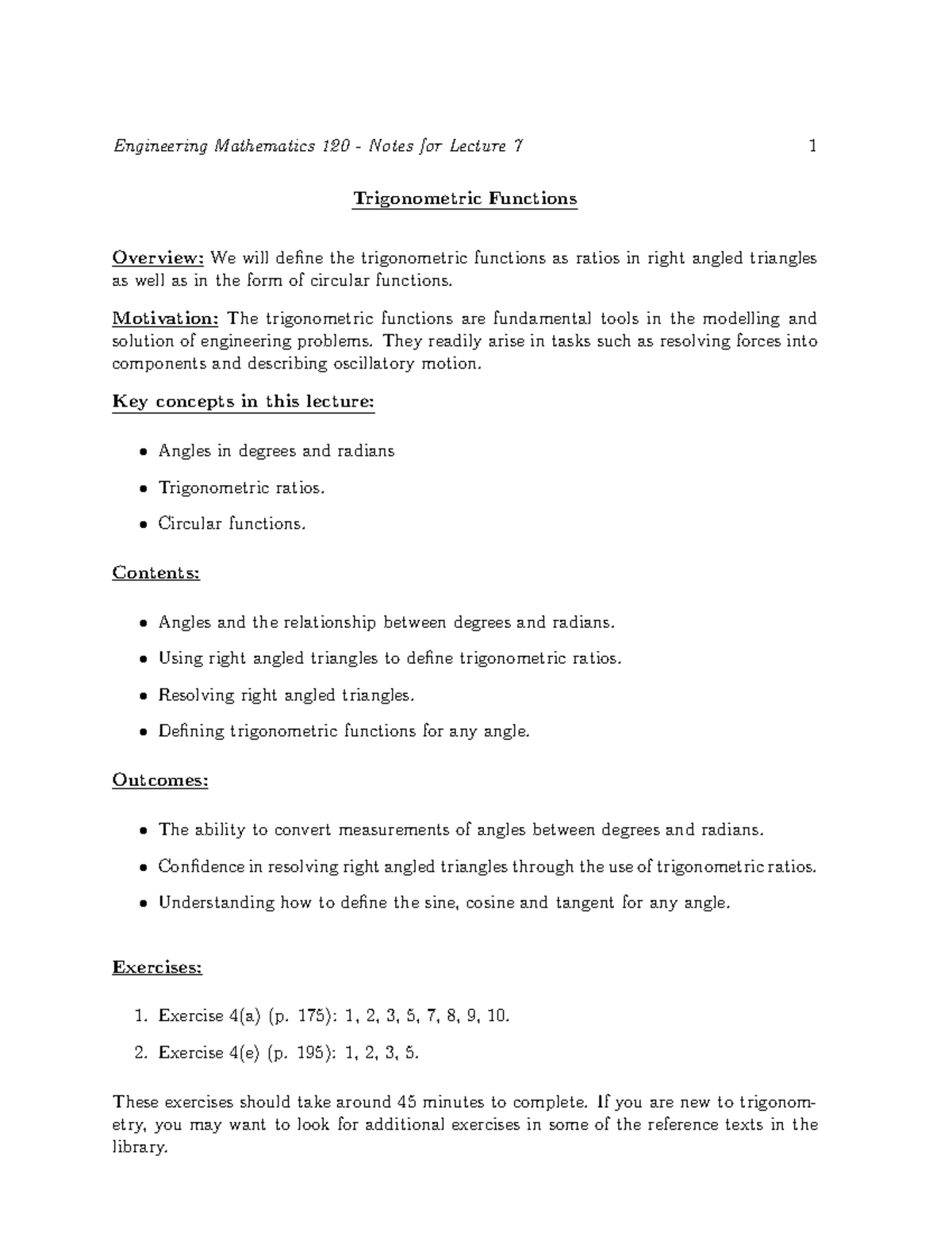 Lec 7 - Lecture notes - Trigonometric Functions Overview: We will ...