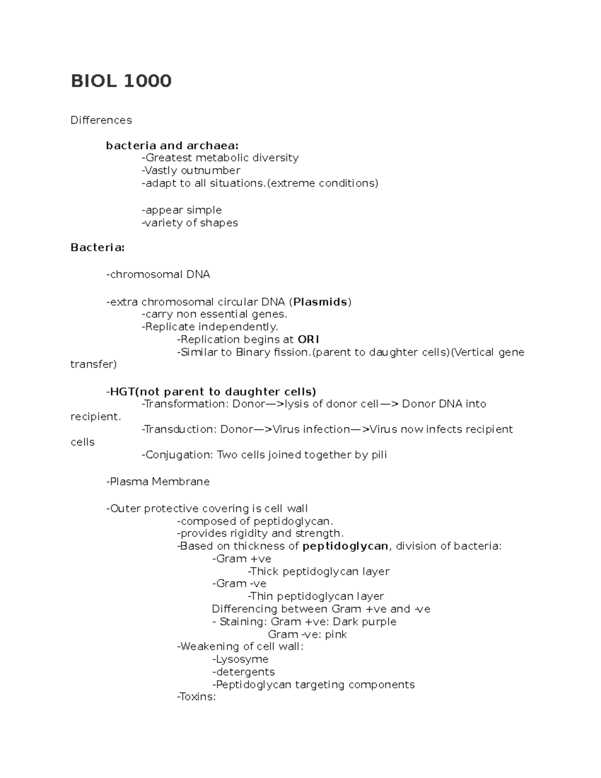 BIOL 1000 - Lecture notes 5-15 - BIOL 1000 Differences bacteria and ...