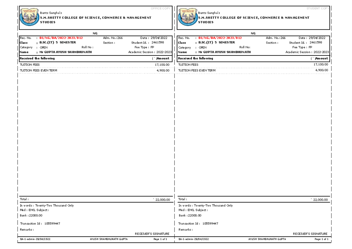 Feees - student - OFFICE COPY STUDENT COPY Bunts Sangha's Bunts Sangha ...