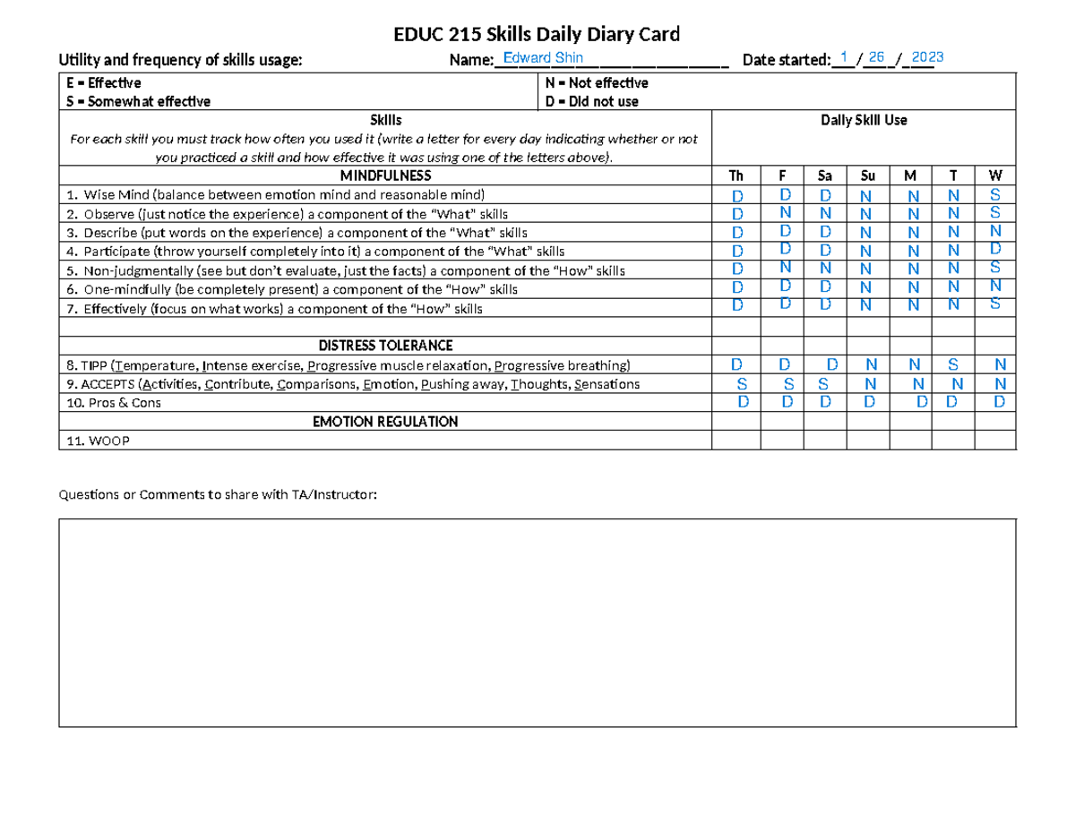 Week 5 Diary Card - Tagged - EDUC 215 Skills Daily Diary Card Utility ...