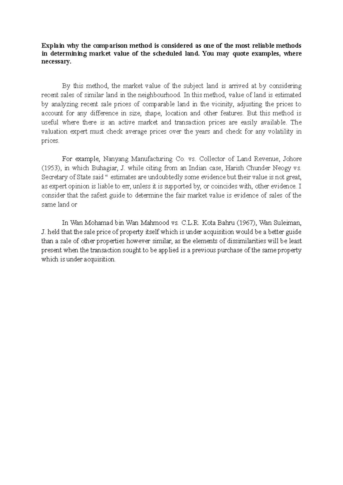 Statutory Valuation - Tutorial 3 - Explain why the comparison method is ...