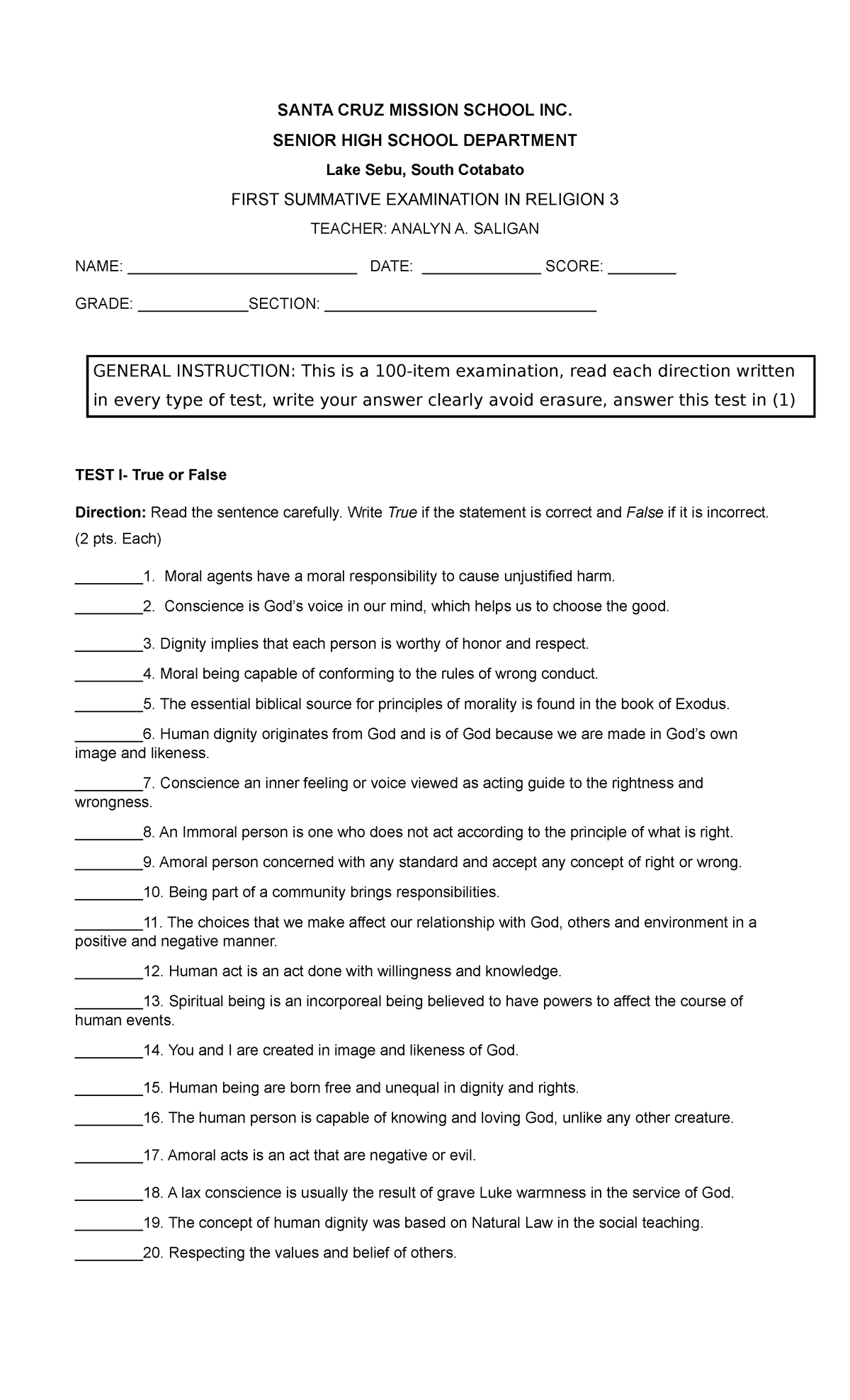 EXAM IN RE 3 - RELIGION SUBJECT - SANTA CRUZ MISSION SCHOOL INC. SENIOR ...