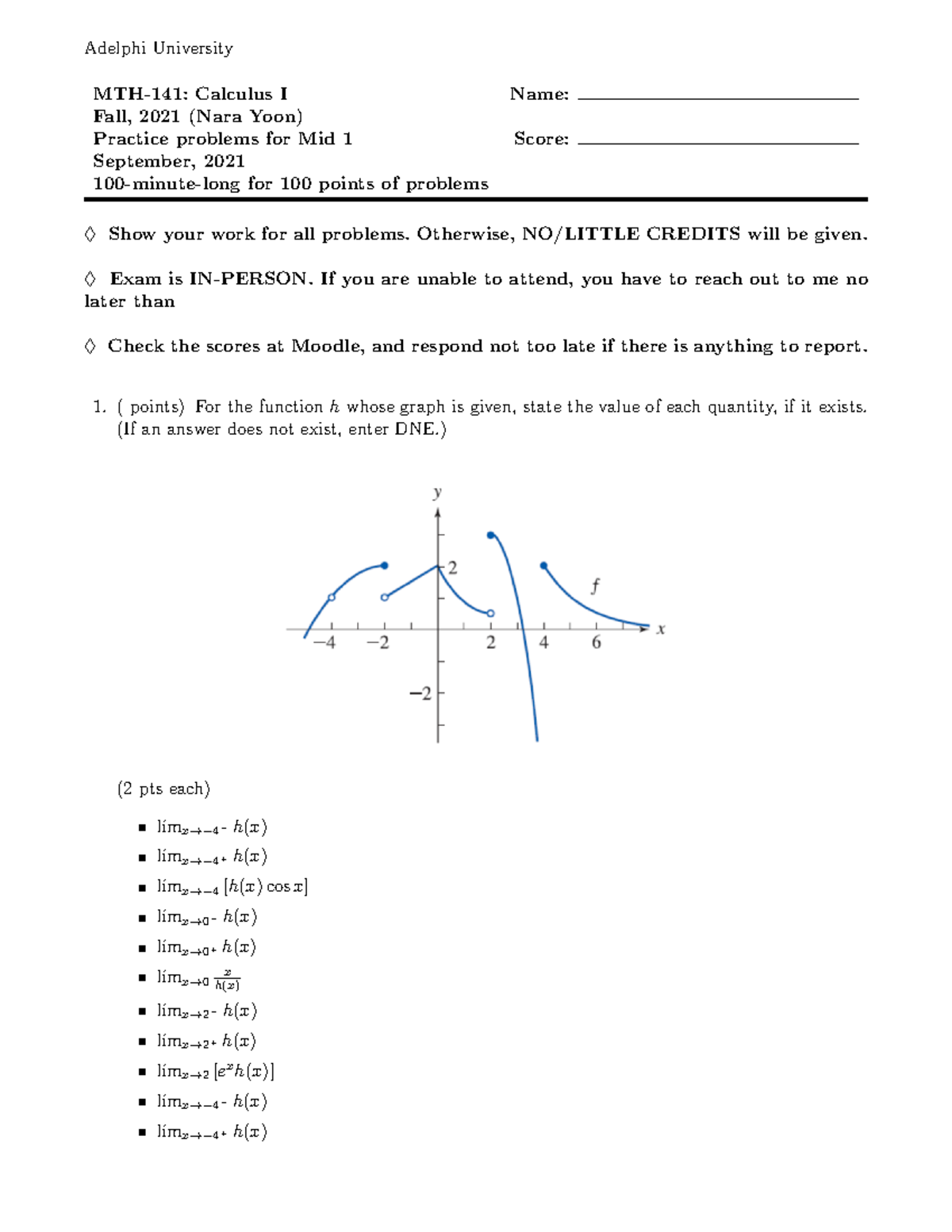 MTH141 F21 Mid1 prep - Prep - Adelphi University MTH-141: Calculus I ...