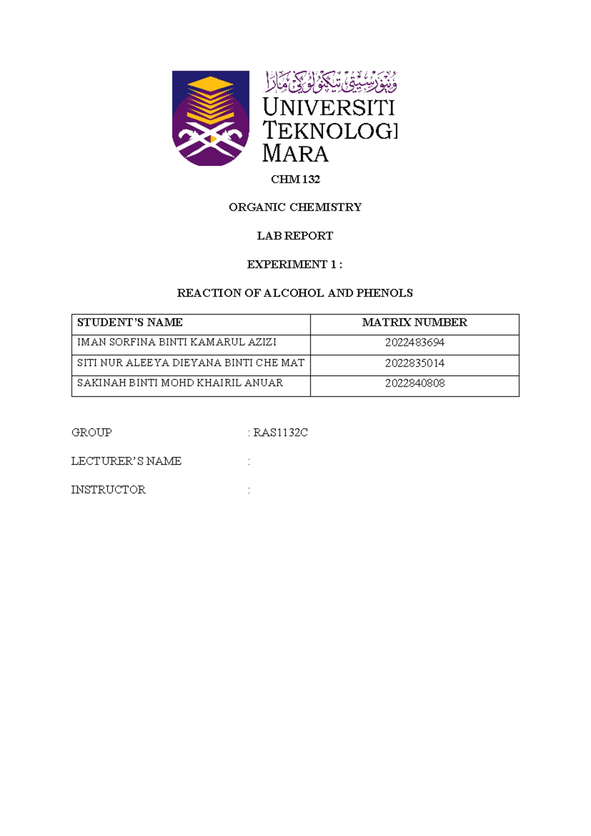 CHM 132 EXP 1 - Lab report - CHM 132 ORGANIC CHEMISTRY LAB REPORT ...