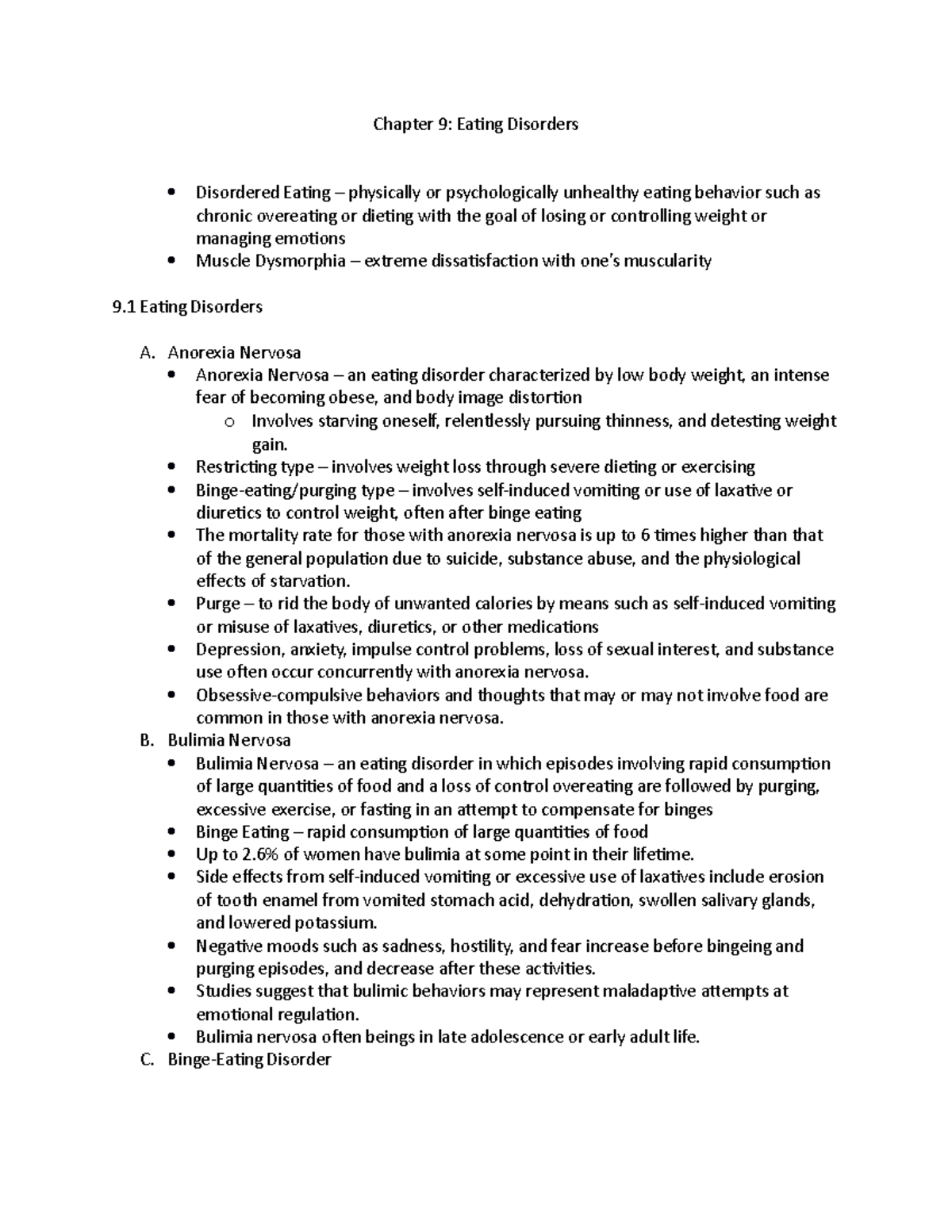 Chapter 9 Outline - Chapter 9: Eating Disorders Disordered Eating ...