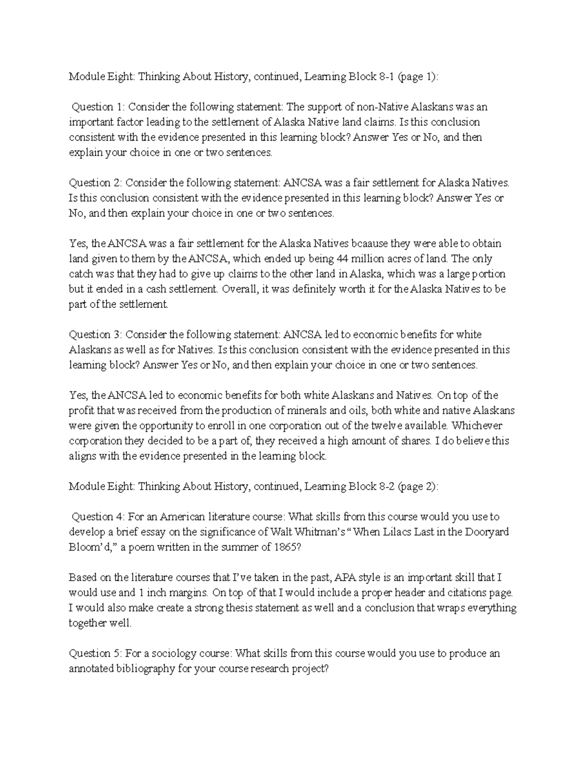 8-2 Module Eight Short Responses - Module Eight: Thinking About History ...