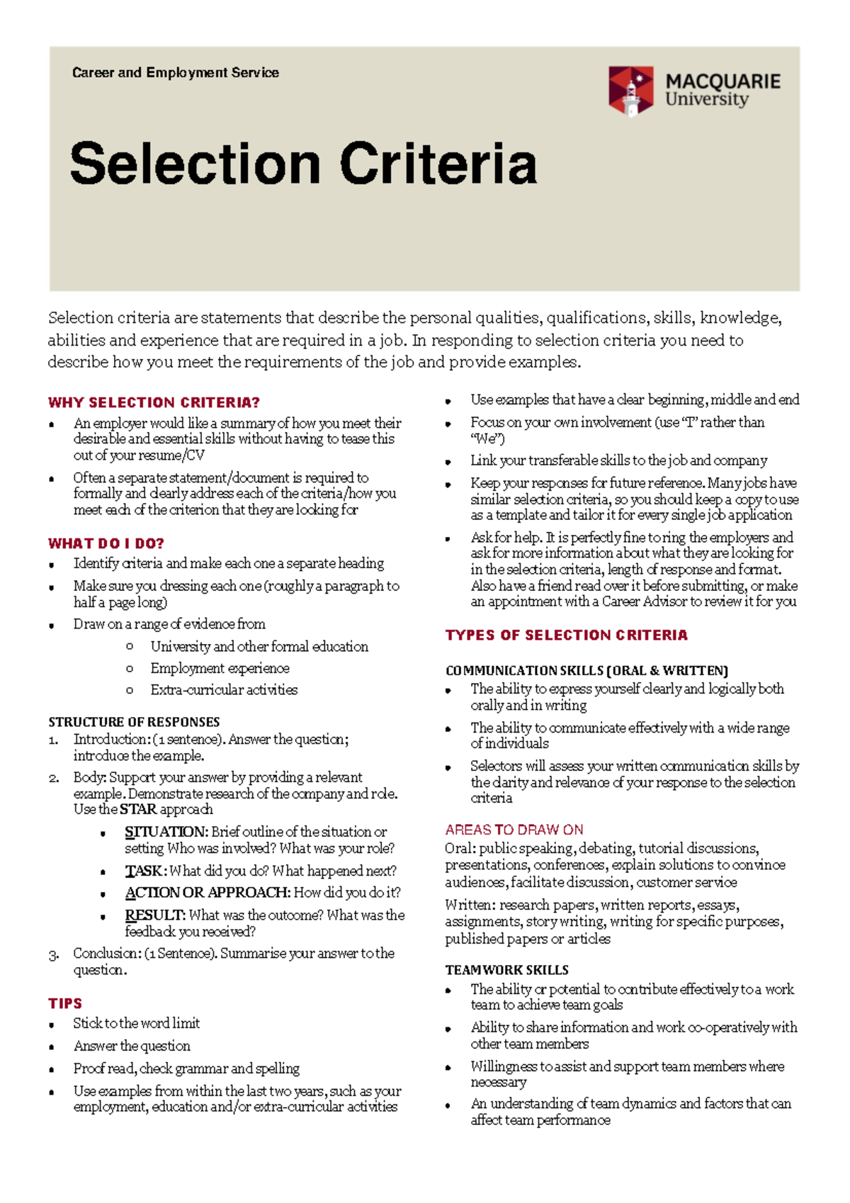 Selection Criteria - Selection Criteria Selection criteria are ...