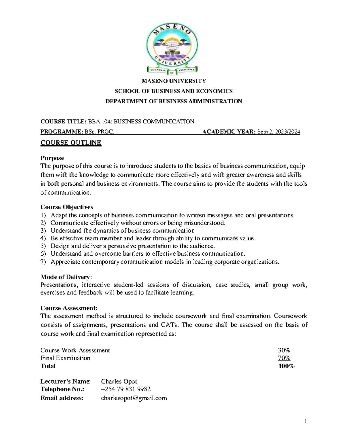BHR 104 BComm-Course Outline - 1 MASENO UNIVERSITY SCHOOL OF BUSINESS ...