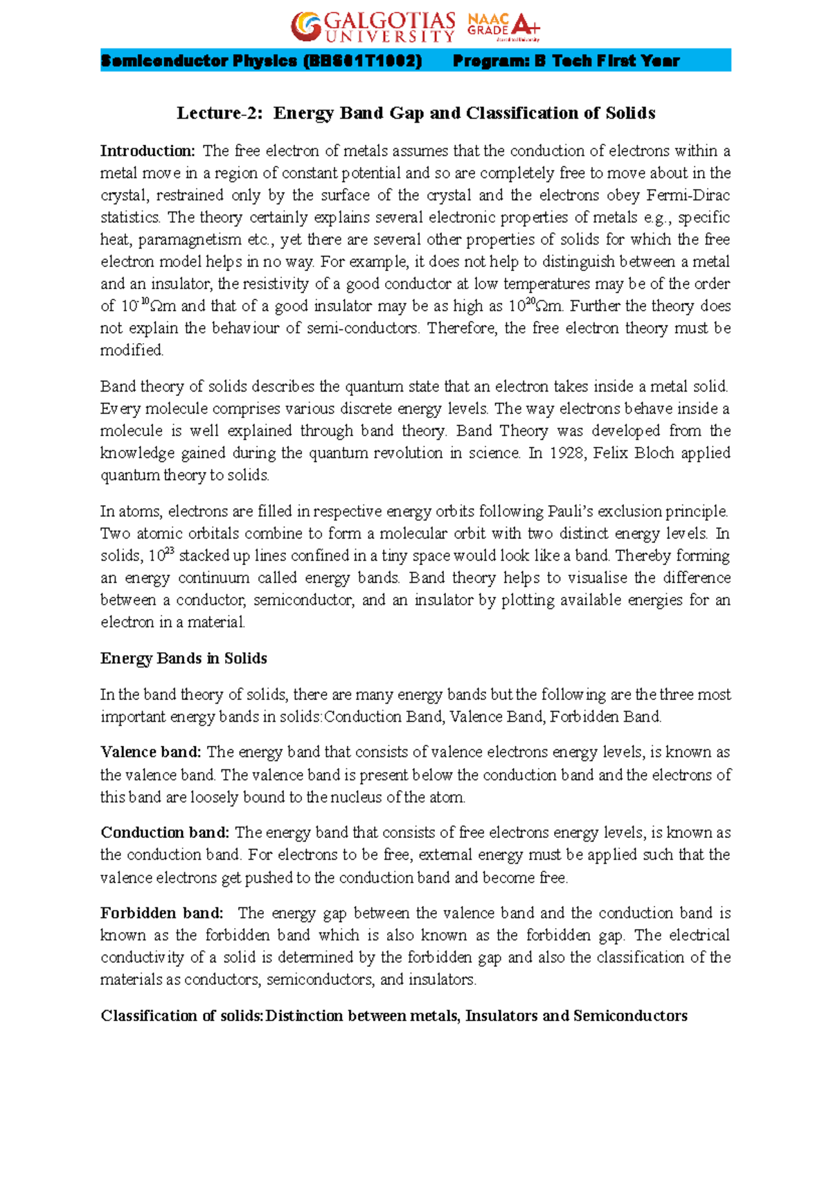 Lecture-2 Enegy Band Gap and Classification of Solids - Lecture-2: Energy Band Gap and - Studocu