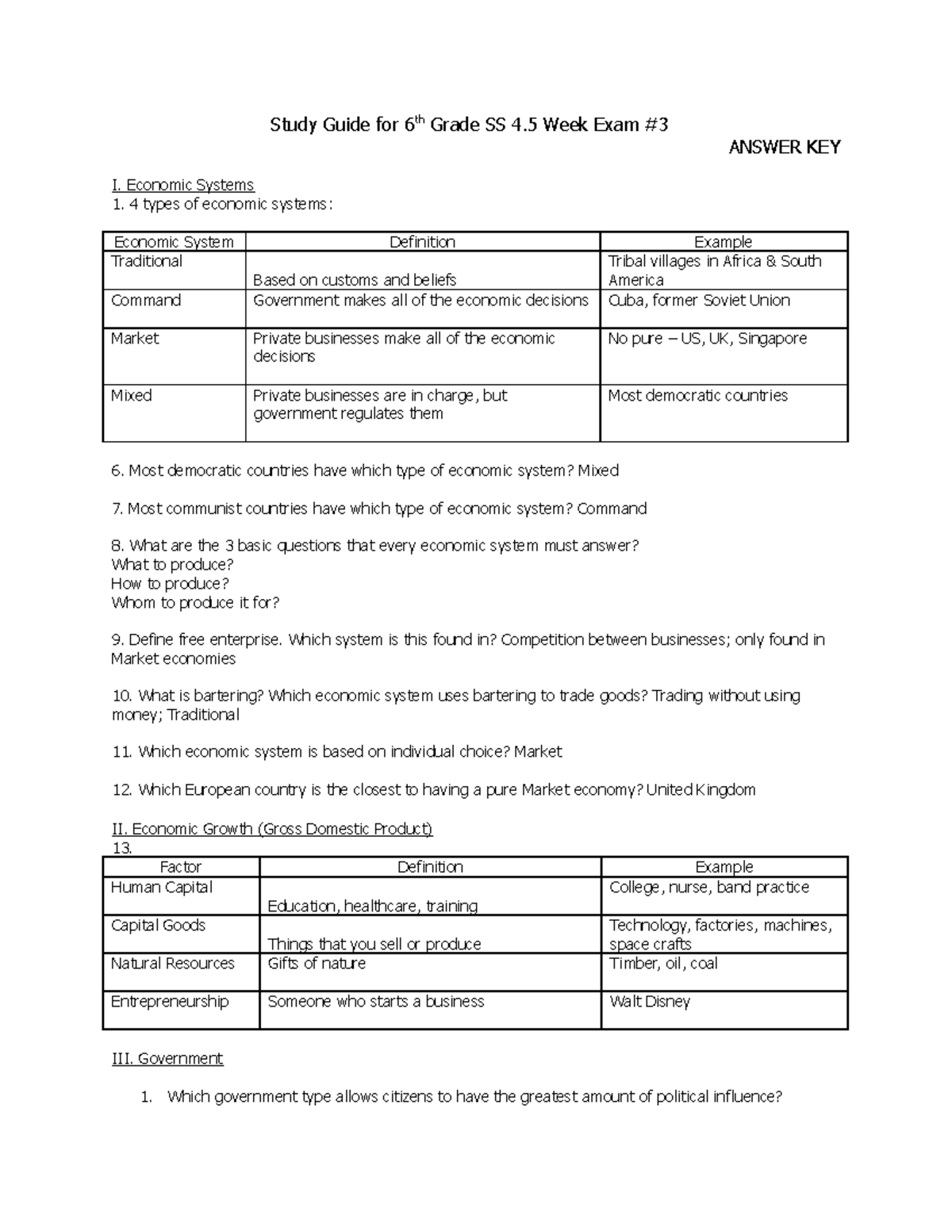 Study Guide 43 Answer KEY - Study Guide for 6th Grade SS 4 Week Exam ...