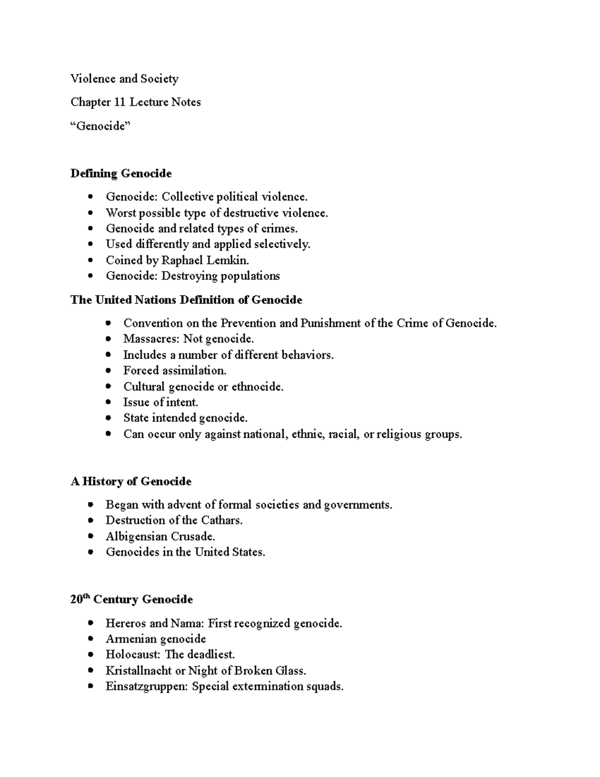 SOCI 3145 Violence and Society: Chapter 11 Lecture Notes: "Genocide ...