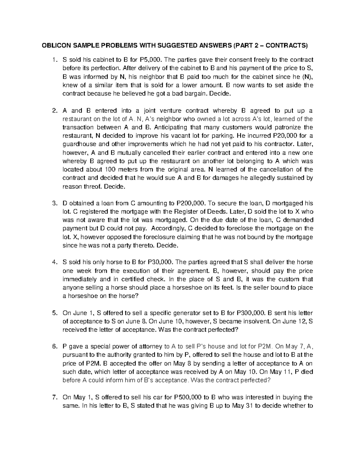 Oblicon Sample Problems WITH Suggested A - OBLICON SAMPLE PROBLEMS WITH SUGGESTED ANSWERS (PART ...