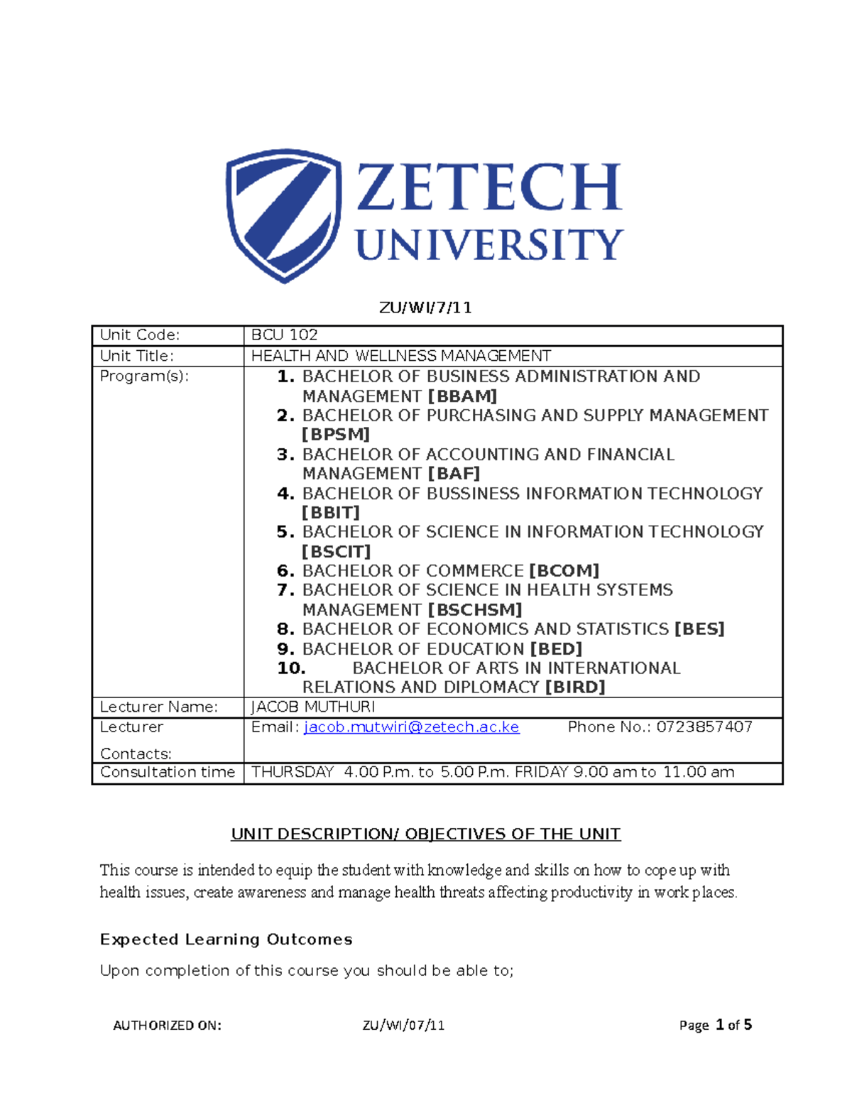 BCU 102 Course Outline - ZU/WI/7/ Unit Code: BCU 102 Unit Title: HEALTH ...