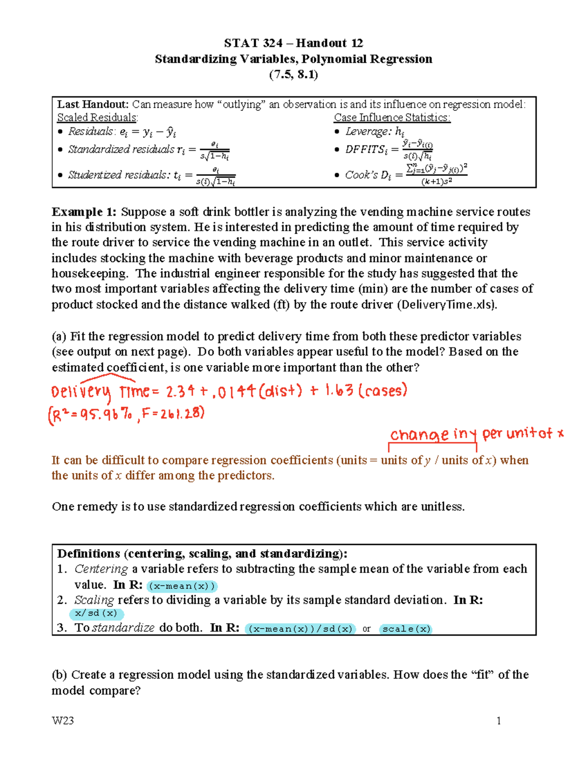 Handout 12 - STAT 324 – Handout 12 Standardizing Variables, Polynomial Regression (7, 8) Last ...