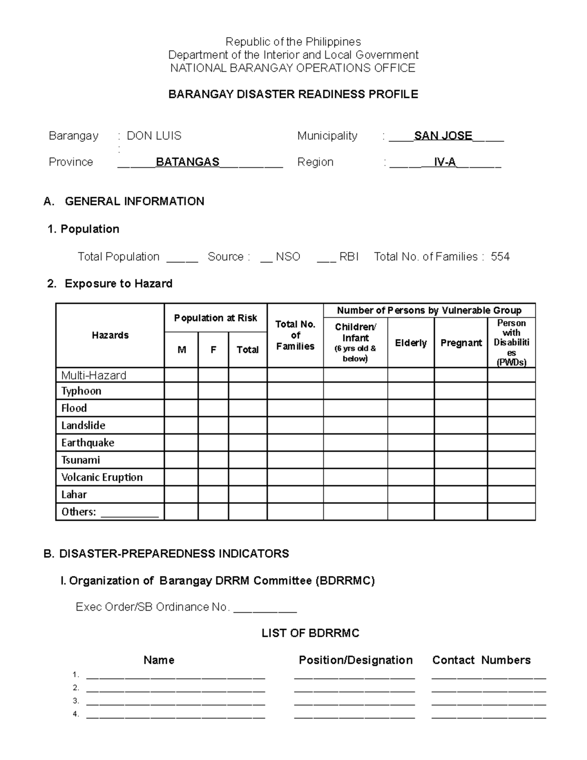 Barangay disaster readiness profile - Republic of the Philippines ...