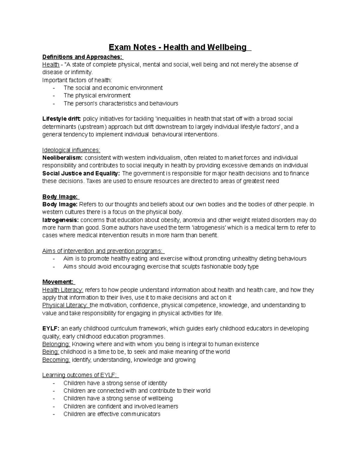 Exam Notes - Health and Wellbeing - Exam Notes - Health and Wellbeing ...