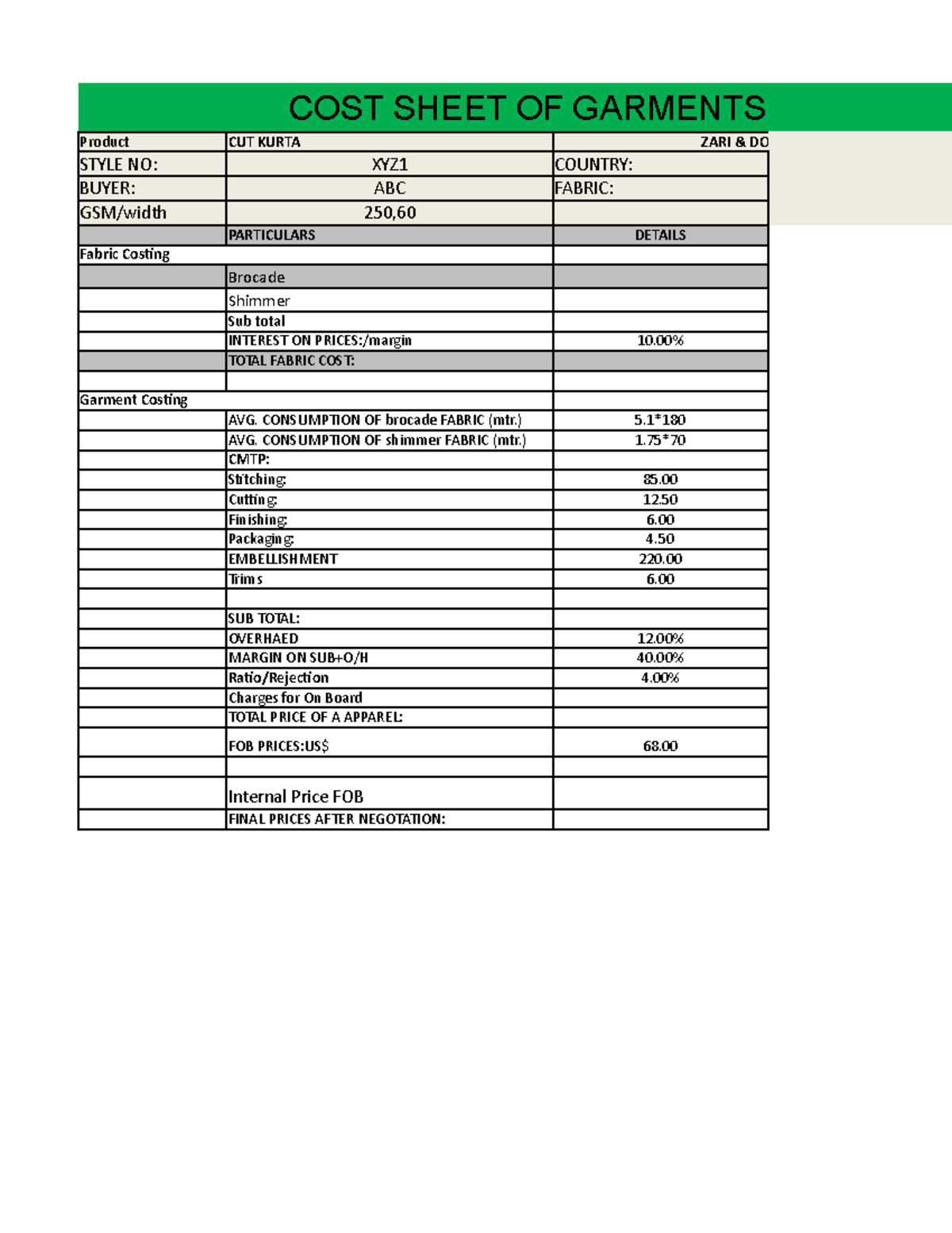 Garments-cost-sheet compress - COST SHEET OF GARMENTS Product CUT KURTA ...