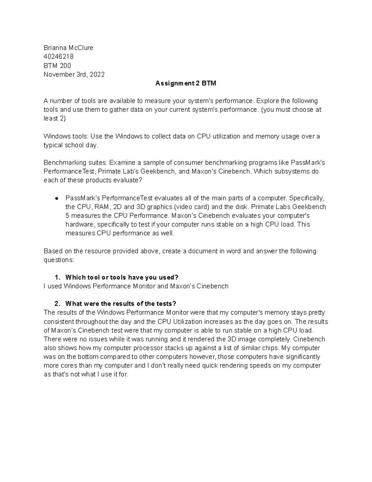 BTM Assignment 2 - Brianna McClure 40246218 BTM 200 November 3rd, 2022 Assignment 2 BTM A number ...