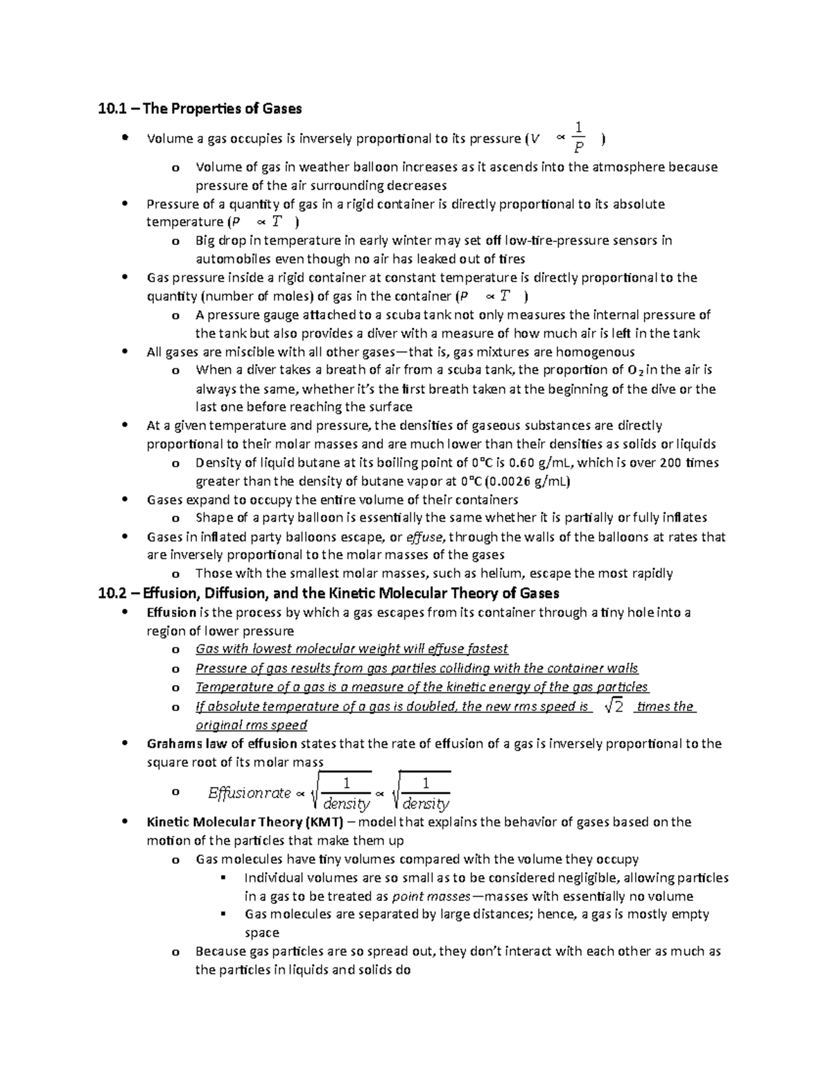 Chapter 10 Notes - Properties of Gases - 10 – The Properties of Gases ...