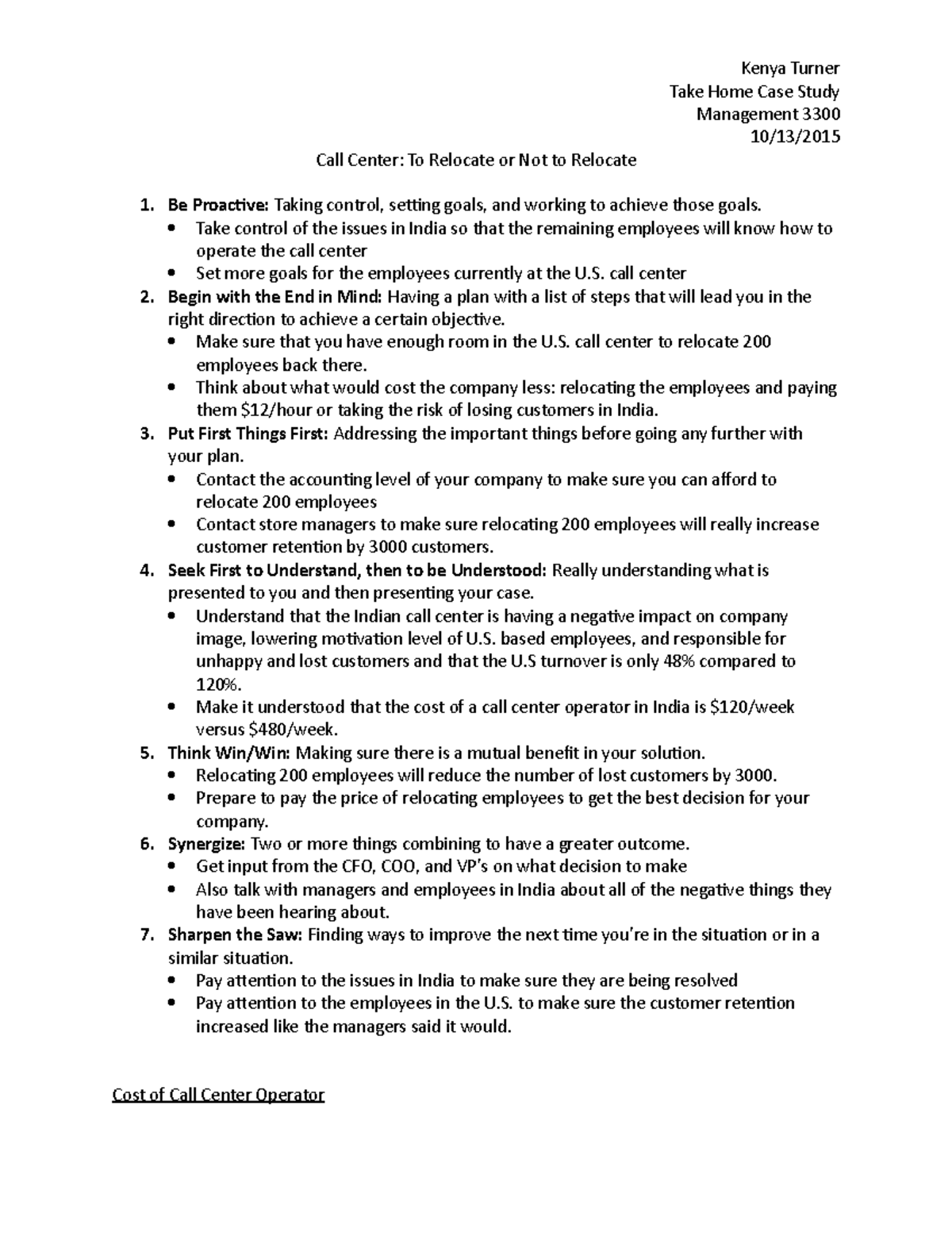 Call Center Case Study - Kenya Turner Take Home Case Study Management ...