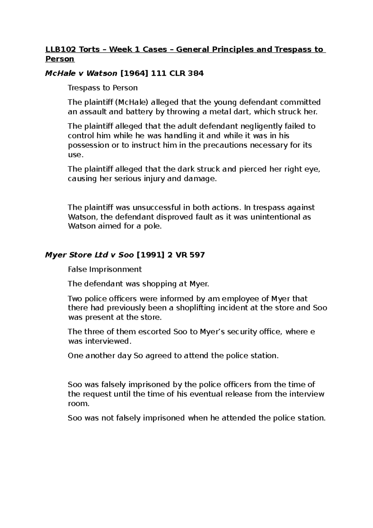 LLB102 Torts - Week 1 Cases - LLB102 - QUT - Studocu