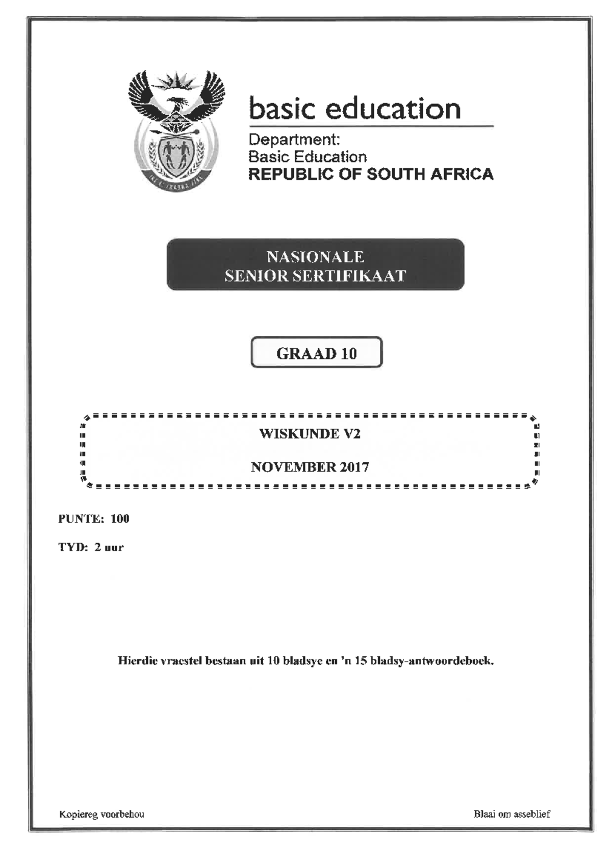 Mathematics P2 Grade 10 Nov 2017 Afr - MAT02A2 - Studocu