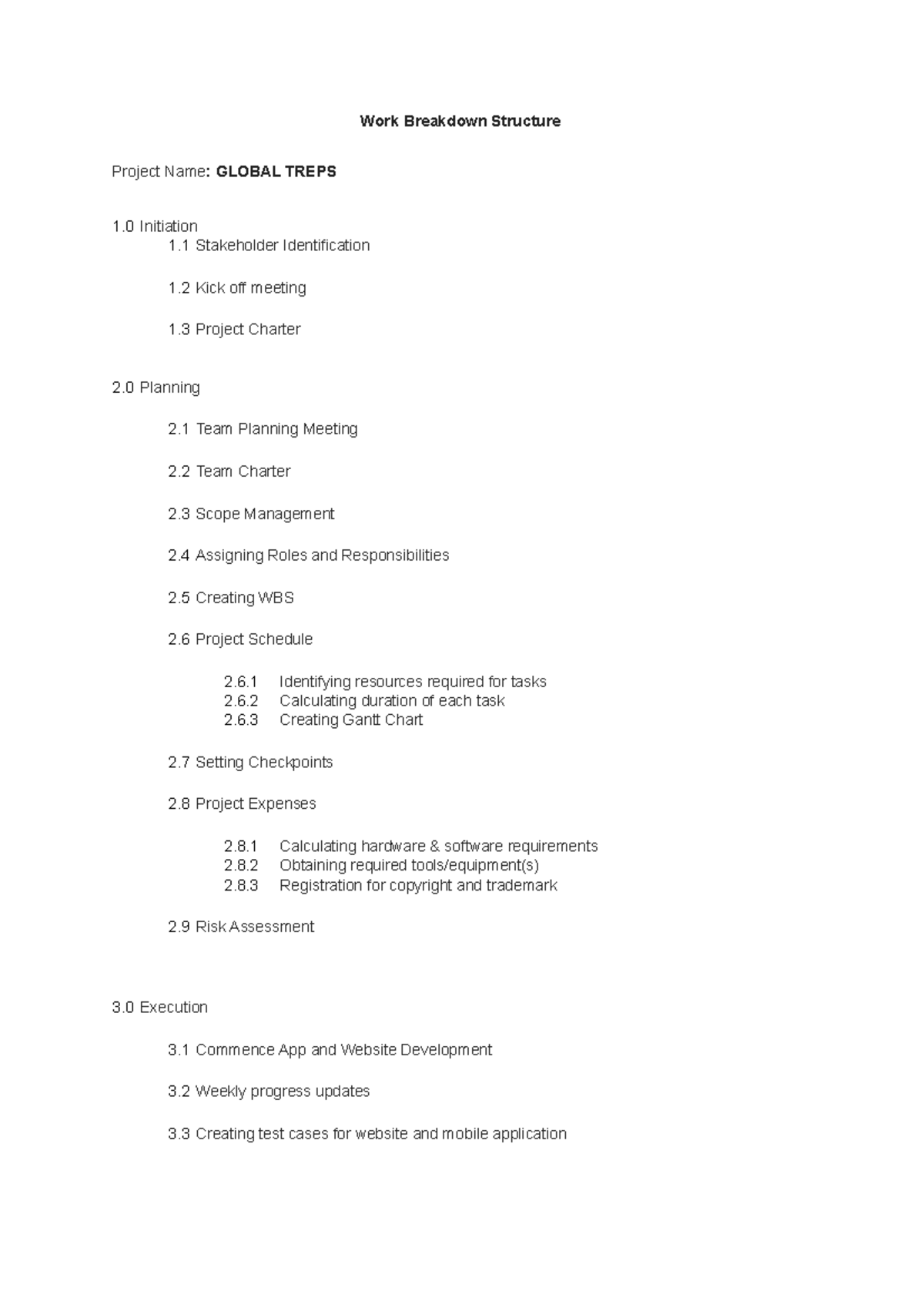 Work Breakdown Structure - Work Breakdown Structure Project Name ...