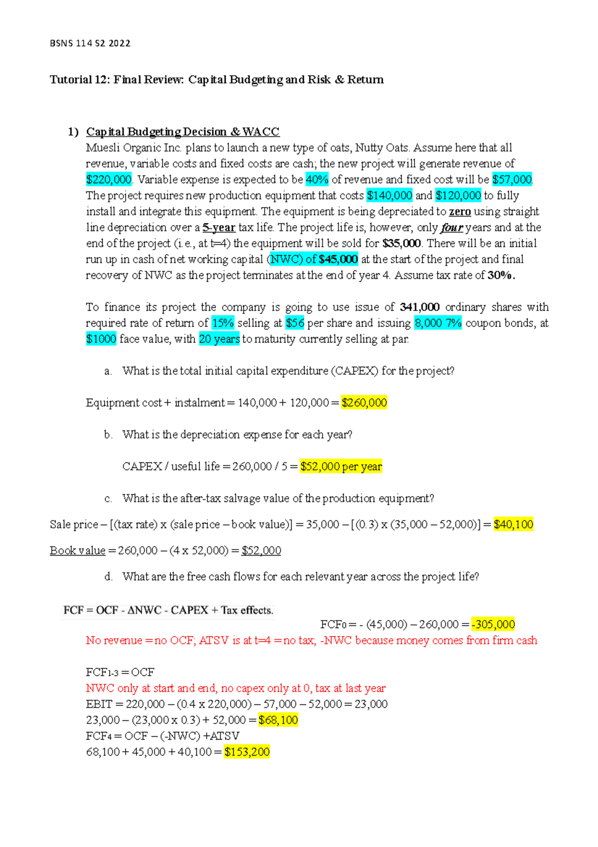 BSNS114 Tut 12 Question S2 2022 - BSNS 114 S2 2022 Tutorial 12: Final ...