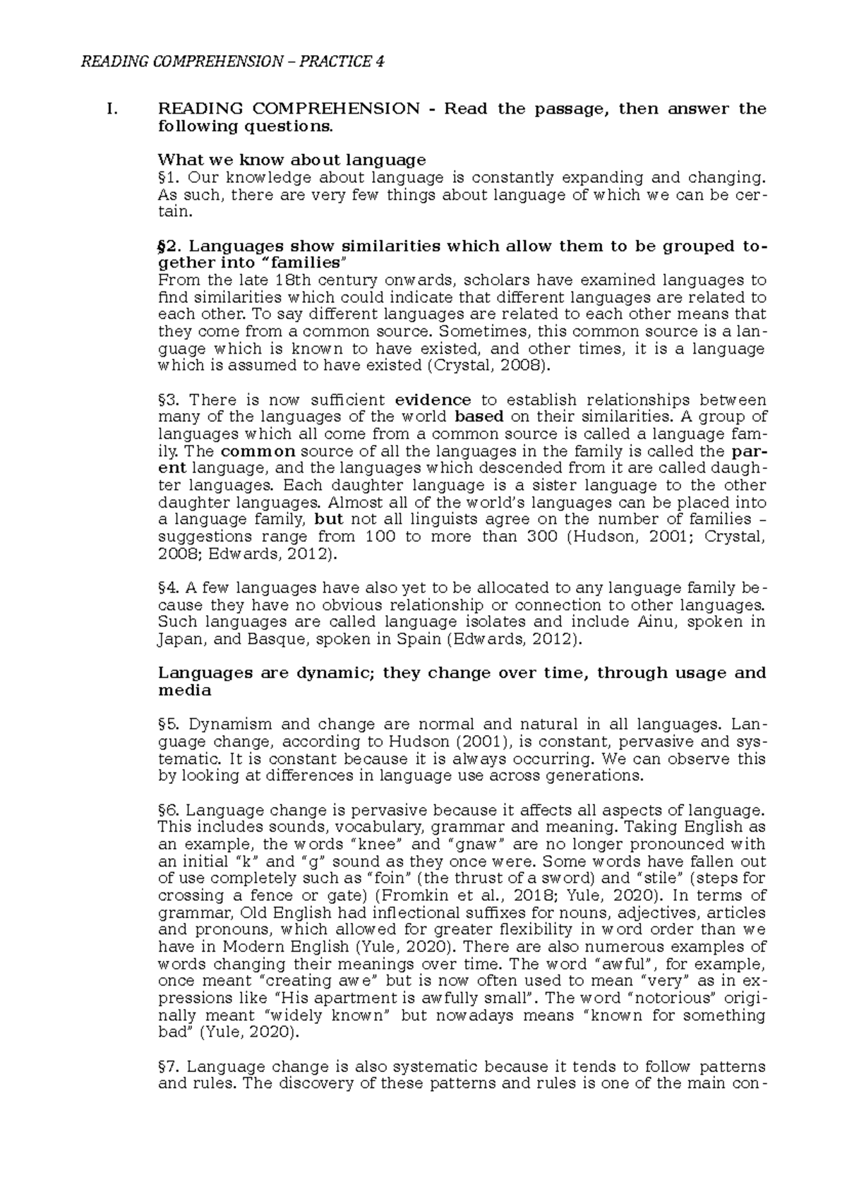 Reading Comprehension - Practice 4-1 - READING COMPREHENSION – PRACTICE ...