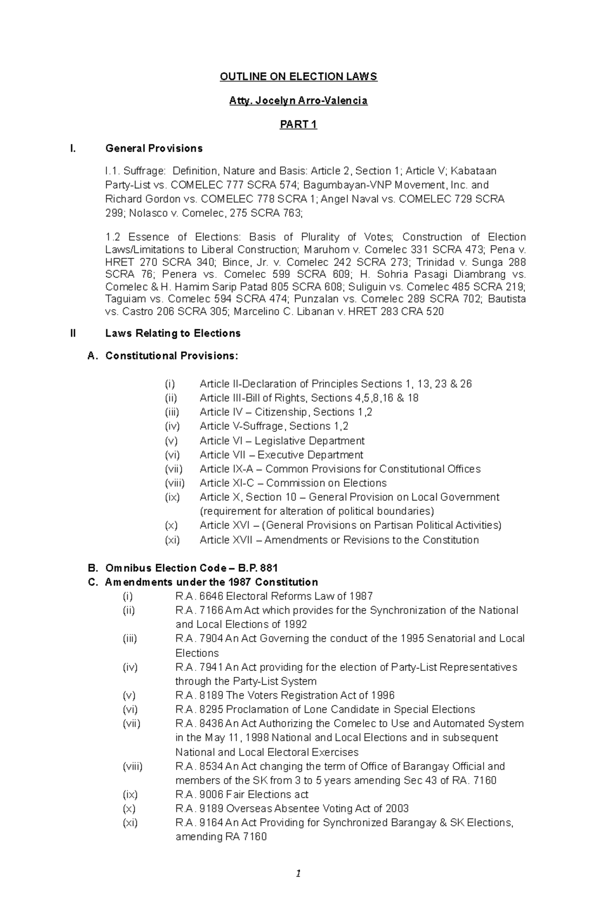 Outline ON Election LAWS Updated 6 - OUTLINE ON ELECTION LAWS Atty ...