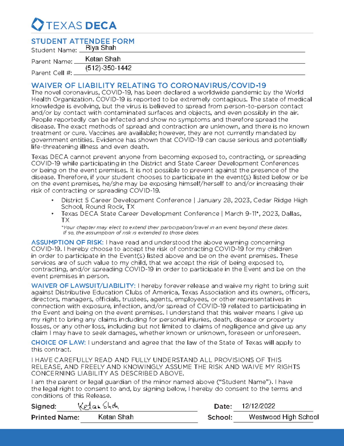 Covid Waiver 2023 - Student - STUDENT ATTENDEE FORM Student Name ...
