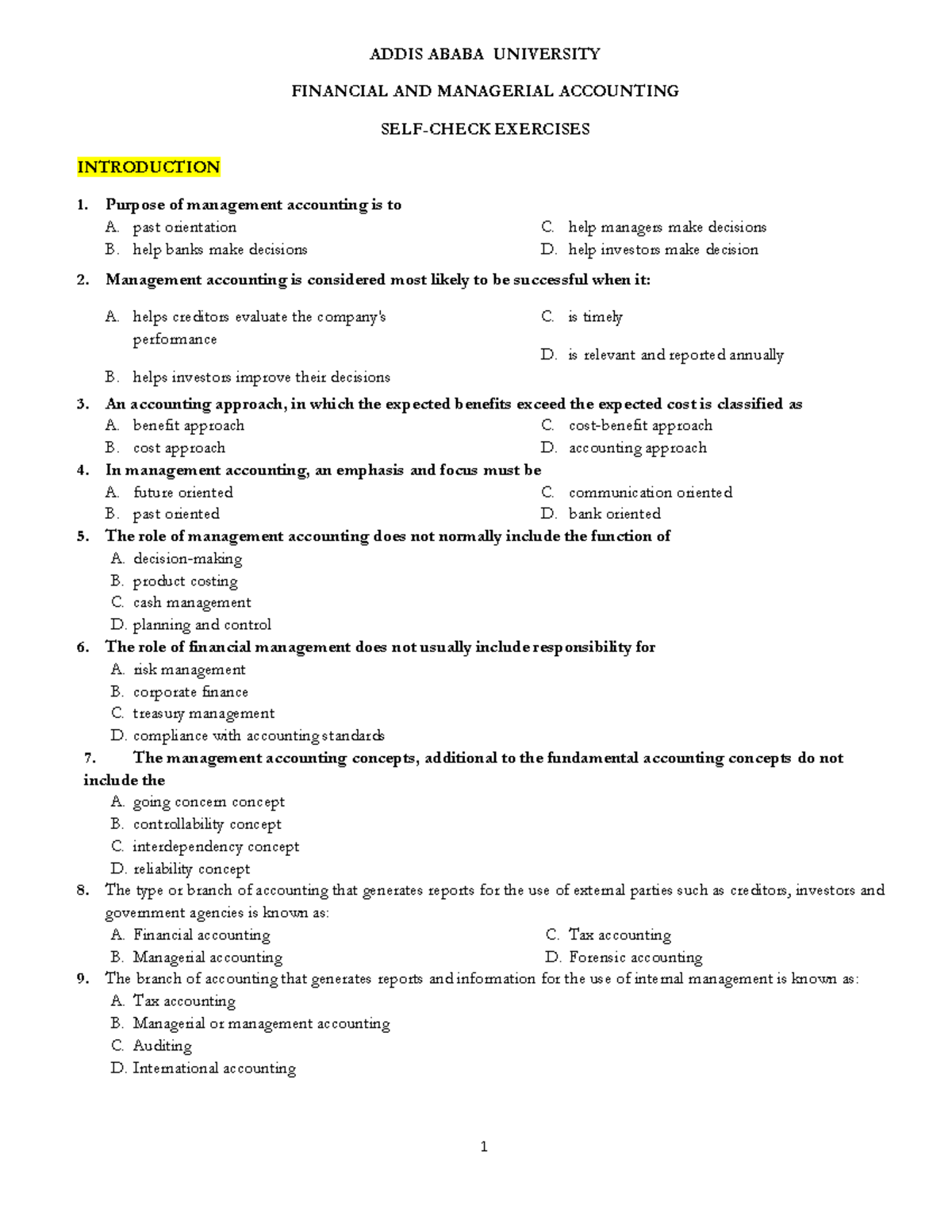 SELF Check Exercise - ADDIS ABABA UNIVERSITY FINANCIAL AND MANAGERIAL ...