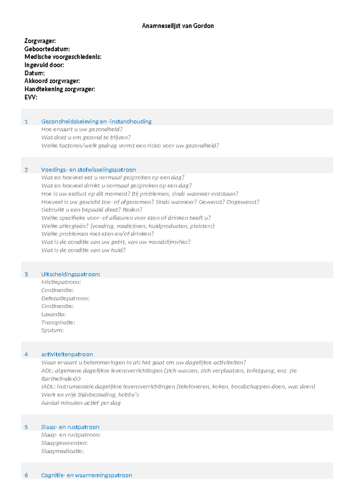 Anamnese volgens Gordon - Anamneselijst van Gordon Zorgvrager ...