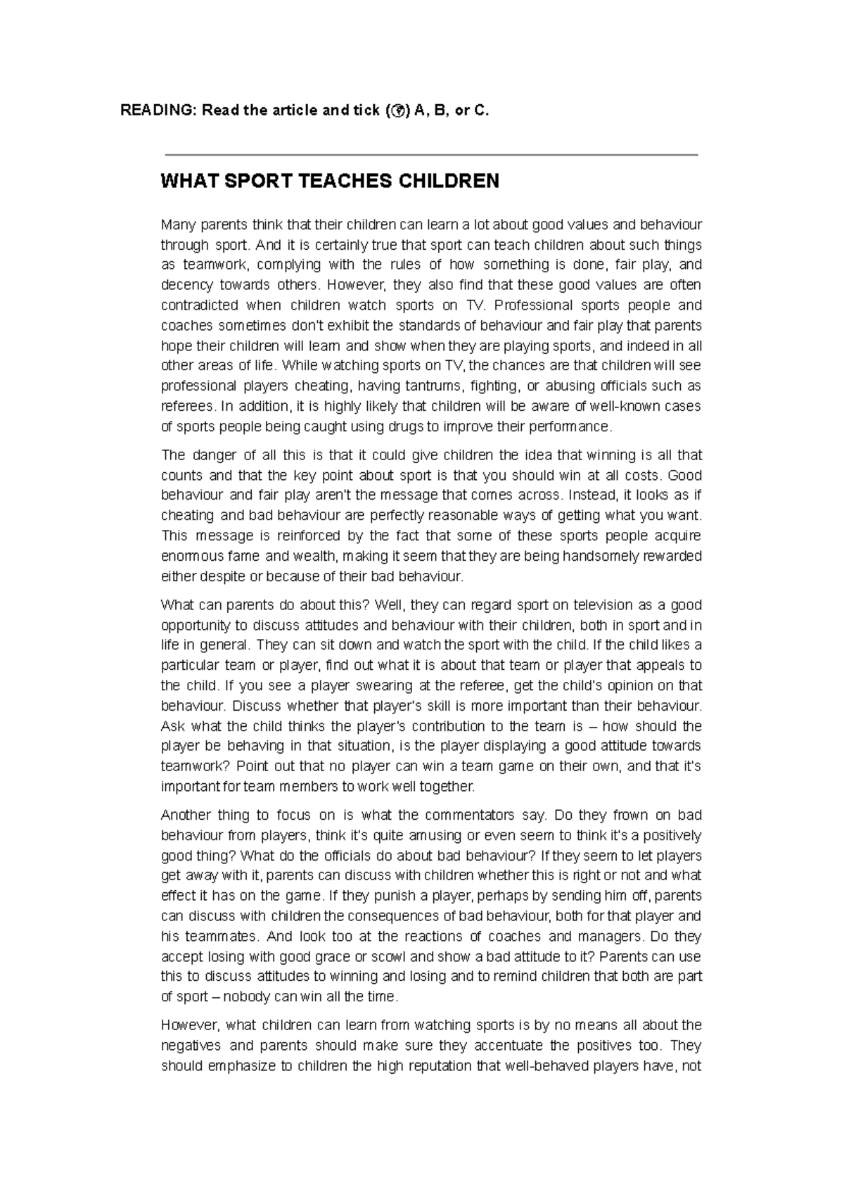 Reading UNIT 7-KEY - unit7 - READING: Read the article and tick ( ) A ...