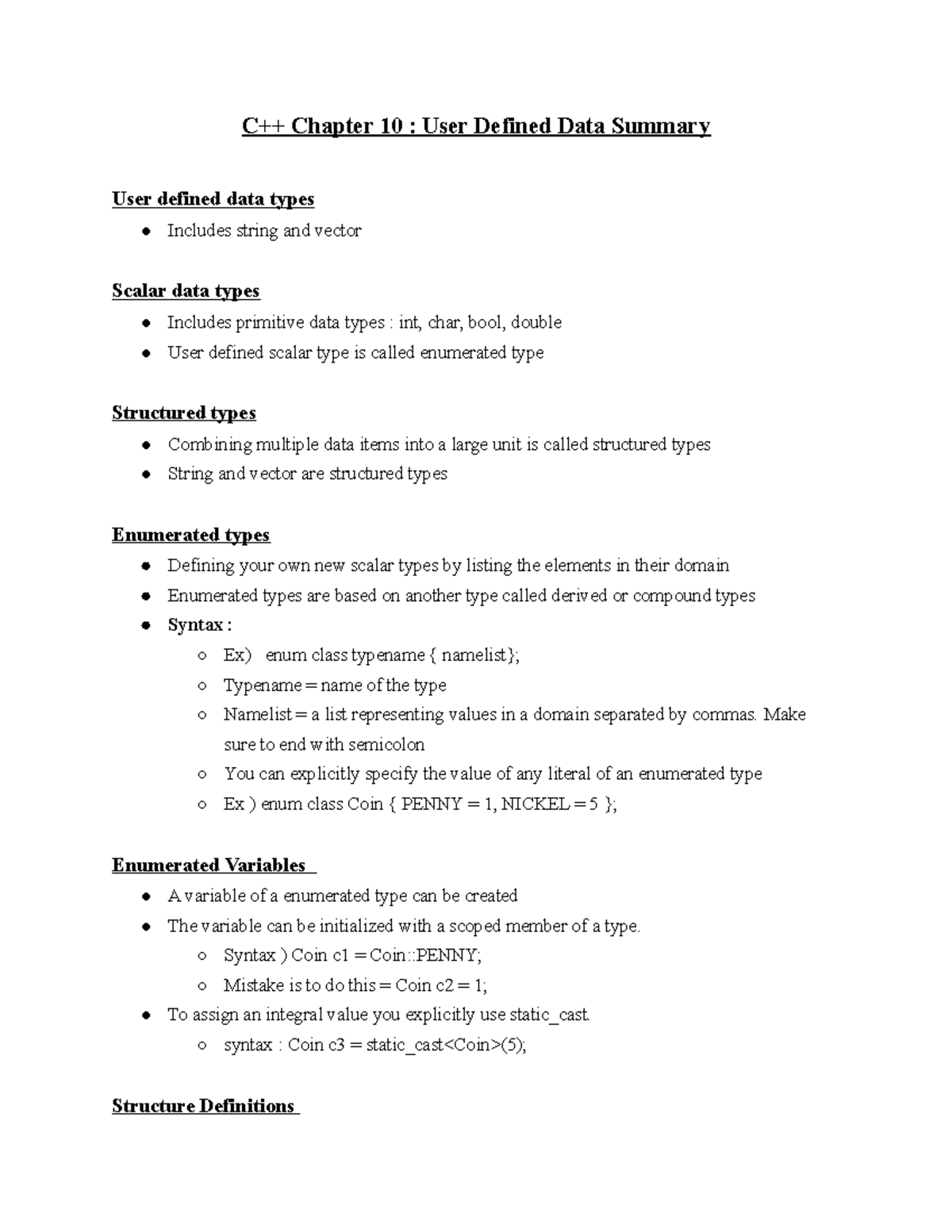 C++ Chapter 10 User Defined Data Summary - C++ Chapter 10 : User ...