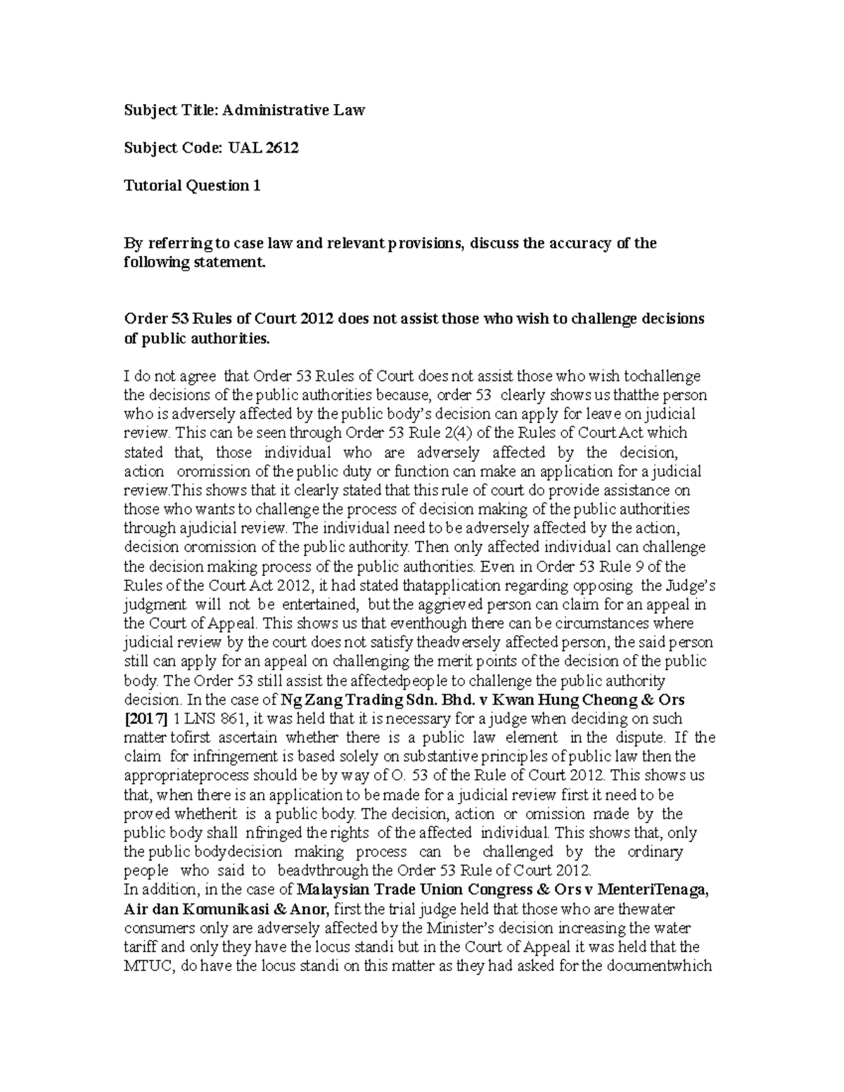 Admin Tutorial Questions Week 5 - Subject Title: Administrative Law ...