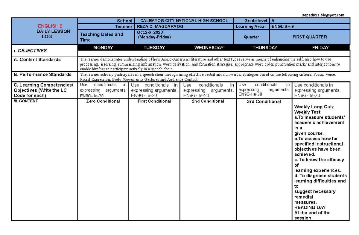 DLL G9 Q1 WEEK4 - ENGLISH 9 DAILY LESSON LOG School CALBAYOG CITY ...