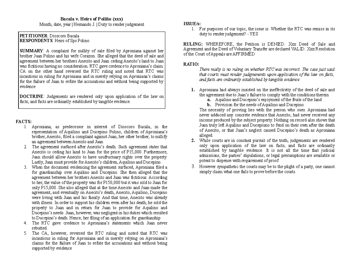 26. Bacala v Polino - duty to render judgment - Bacala v. Heirs of ...