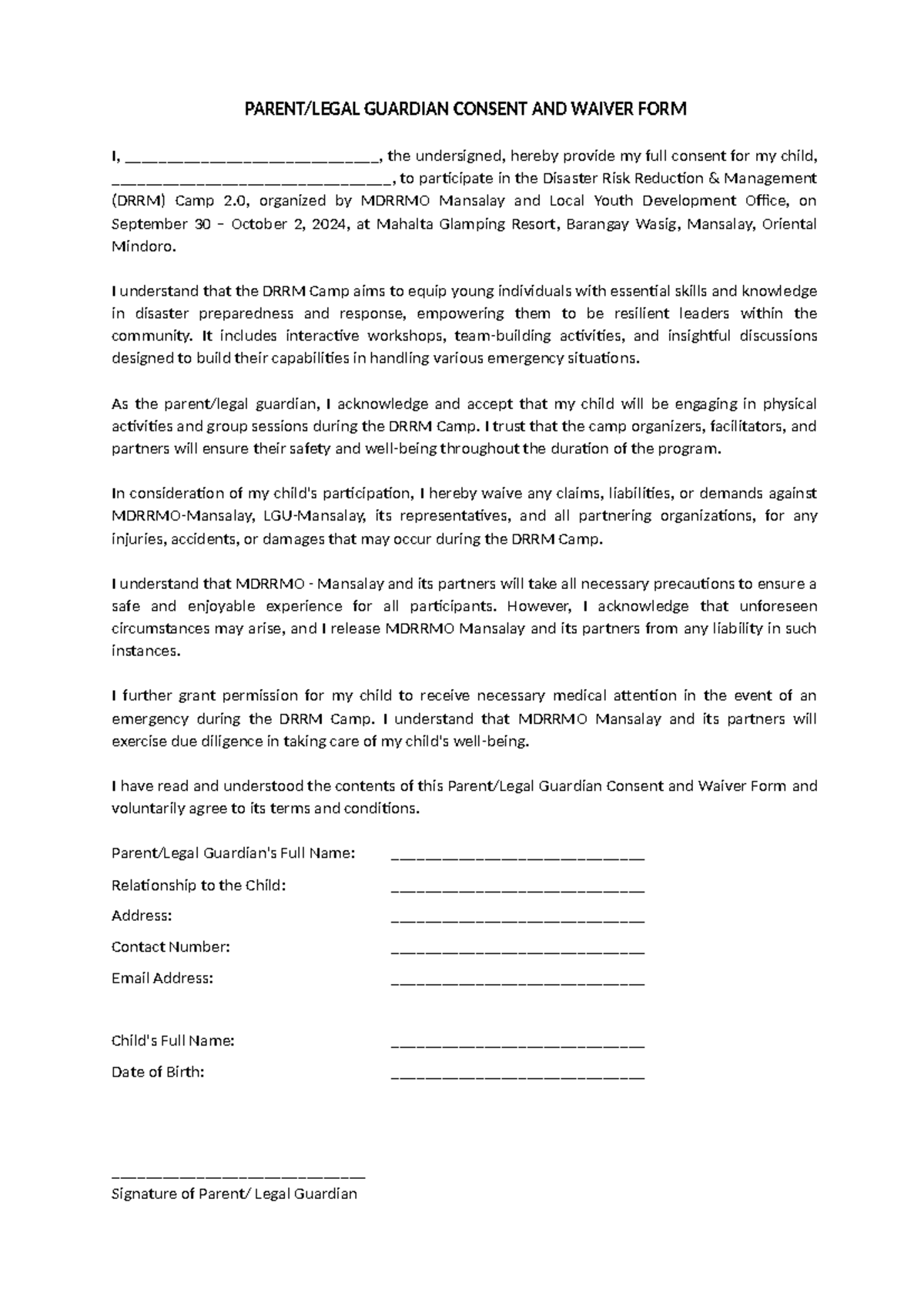 DRRM CAMP Parent Consent - PARENT/LEGAL GUARDIAN CONSENT AND WAIVER ...