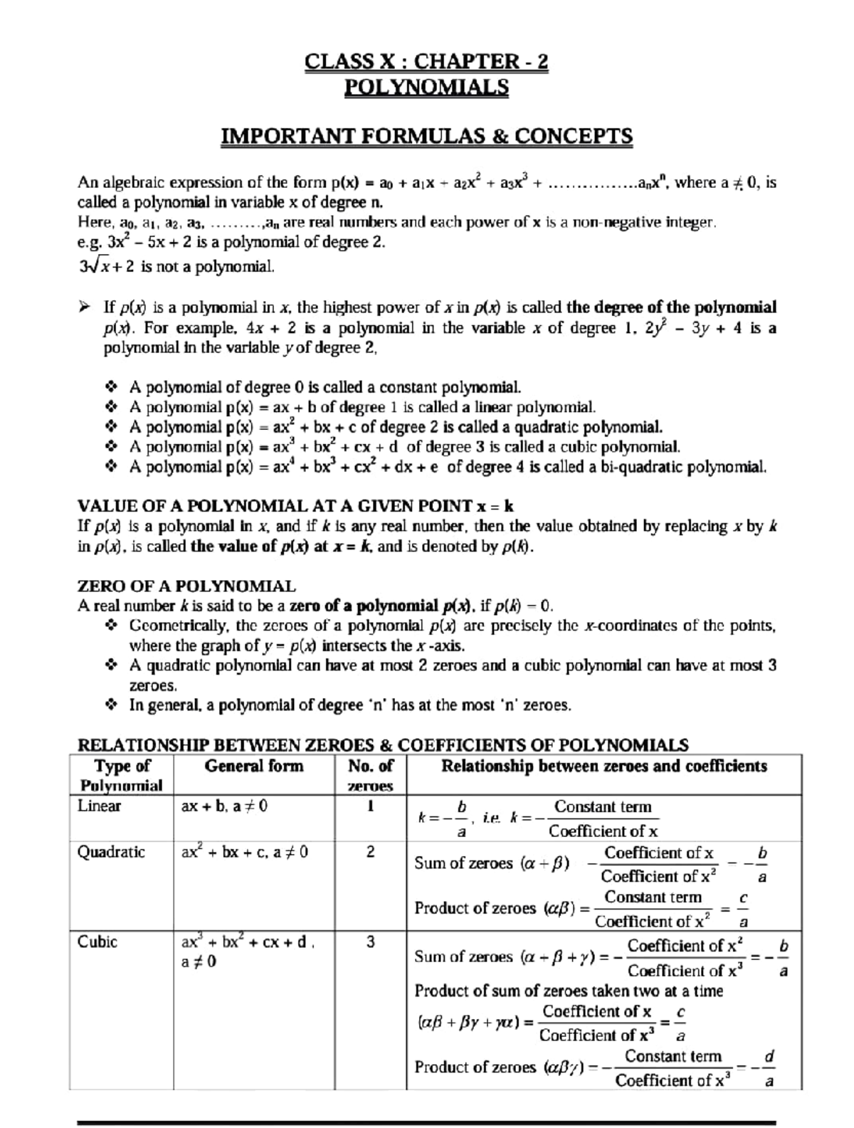 Polynomials X - An algebraic expression of the form p(x) = ao + ajx ...