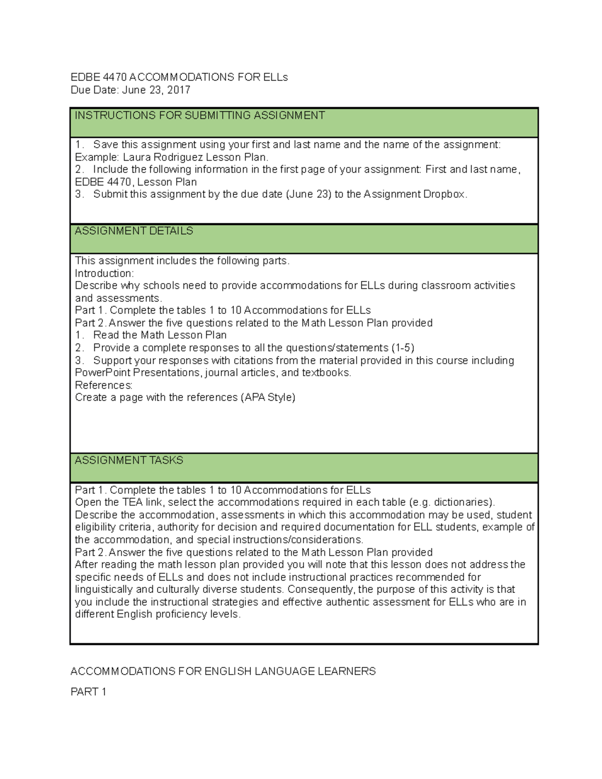 EDBE 4470 Lesson Plan Assignment Instructions Part I and II - EDEE 4470 ...