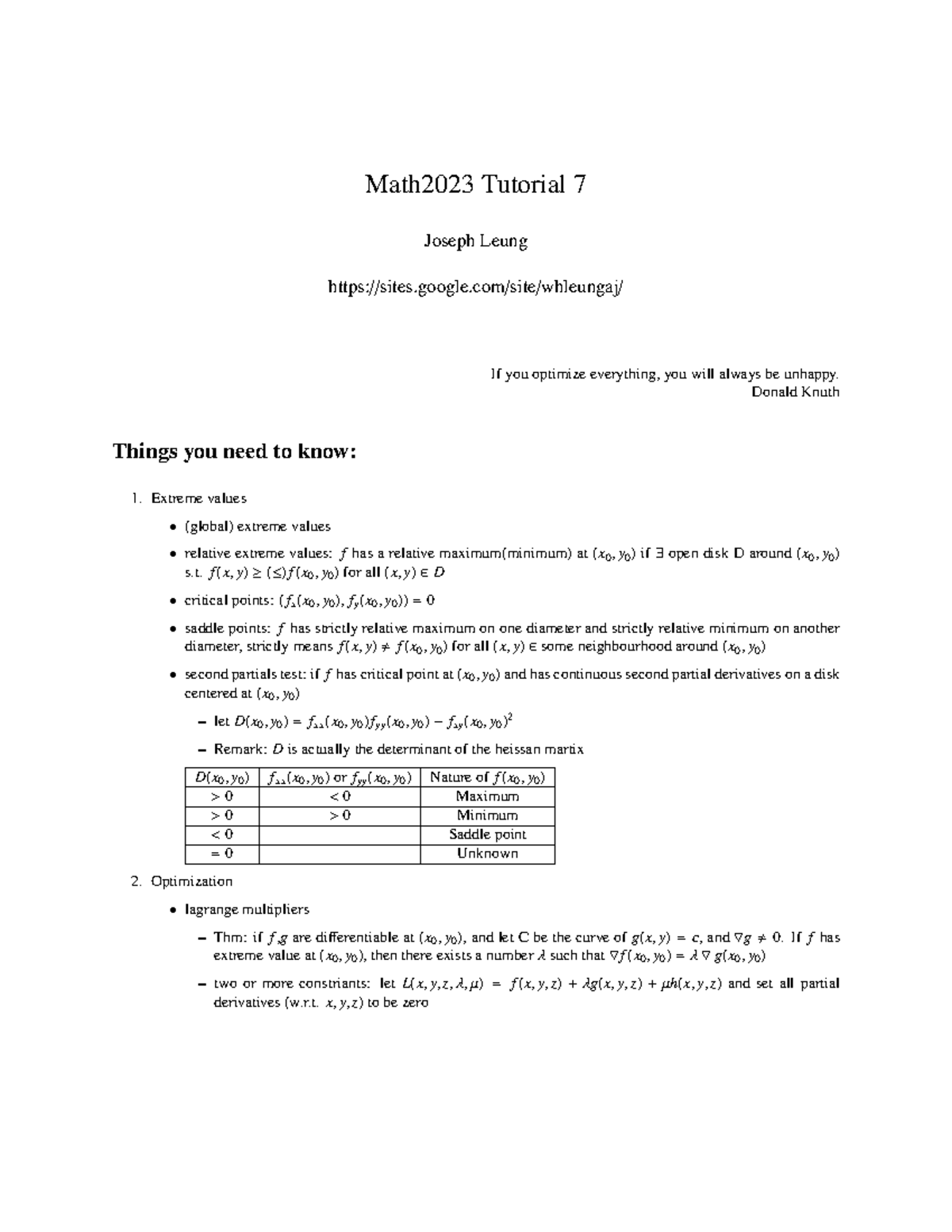 Math 2023 Tutorial 7 - google/site/whleungaj/ If you optimize ...
