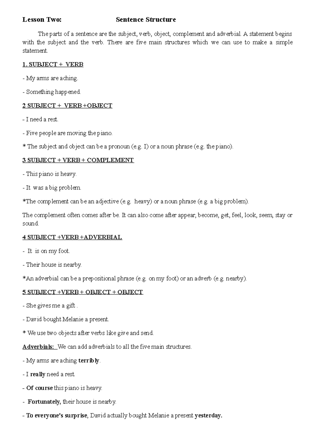 Lesson Two Parts of Sentence - Lesson Two: Sentence Structure The parts ...