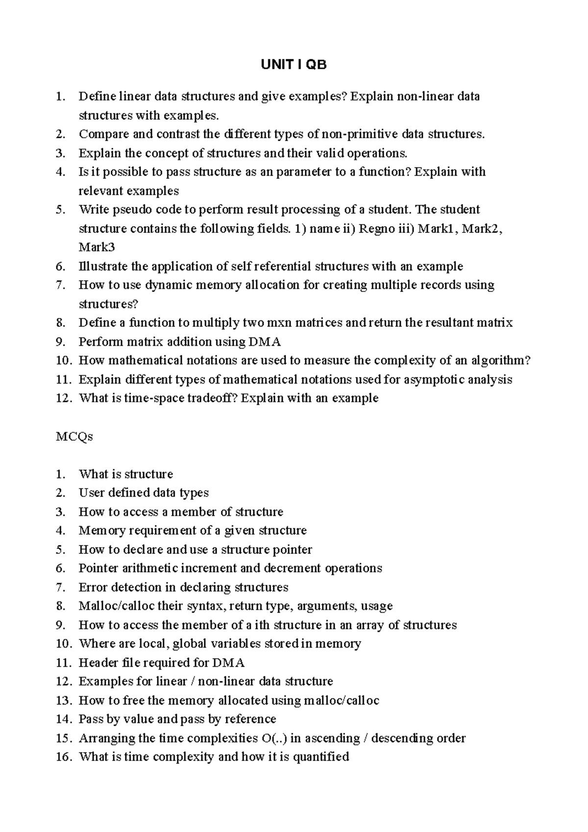 Unit-I-QB - Very importantttttt - UNIT I QB Define linear data ...