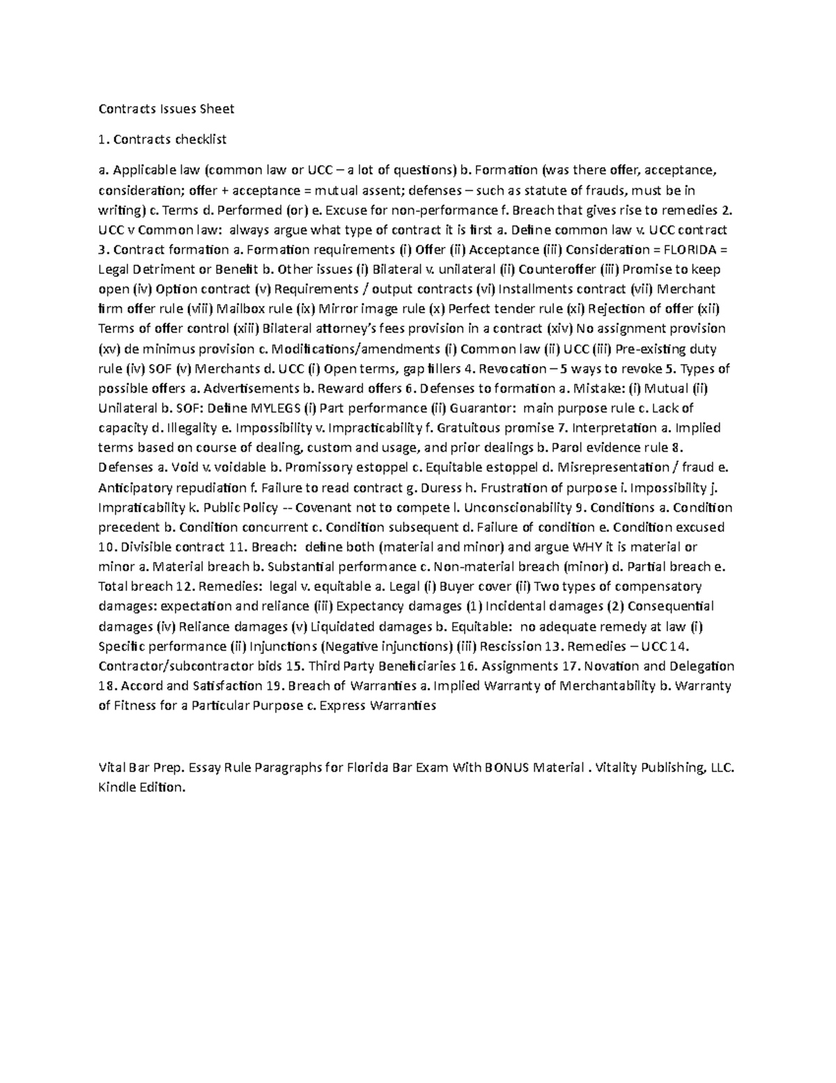 Contracts Issue Checklist - law 5337 - BU - Studocu