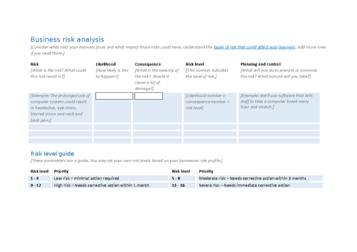 Business risk analysis template - BUS 201 - SFU - Studocu