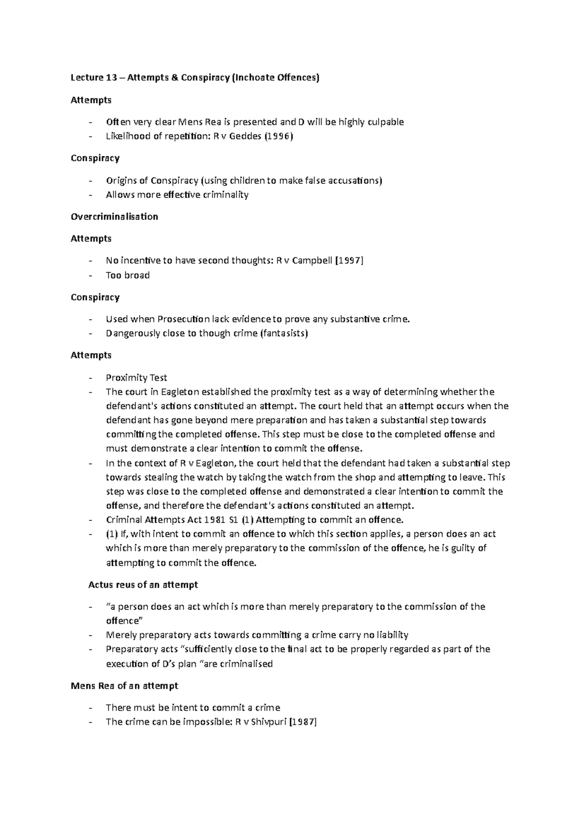 Lecture 13 - Inchoate Offences - Lecture 13 – Attempts & Conspiracy ...